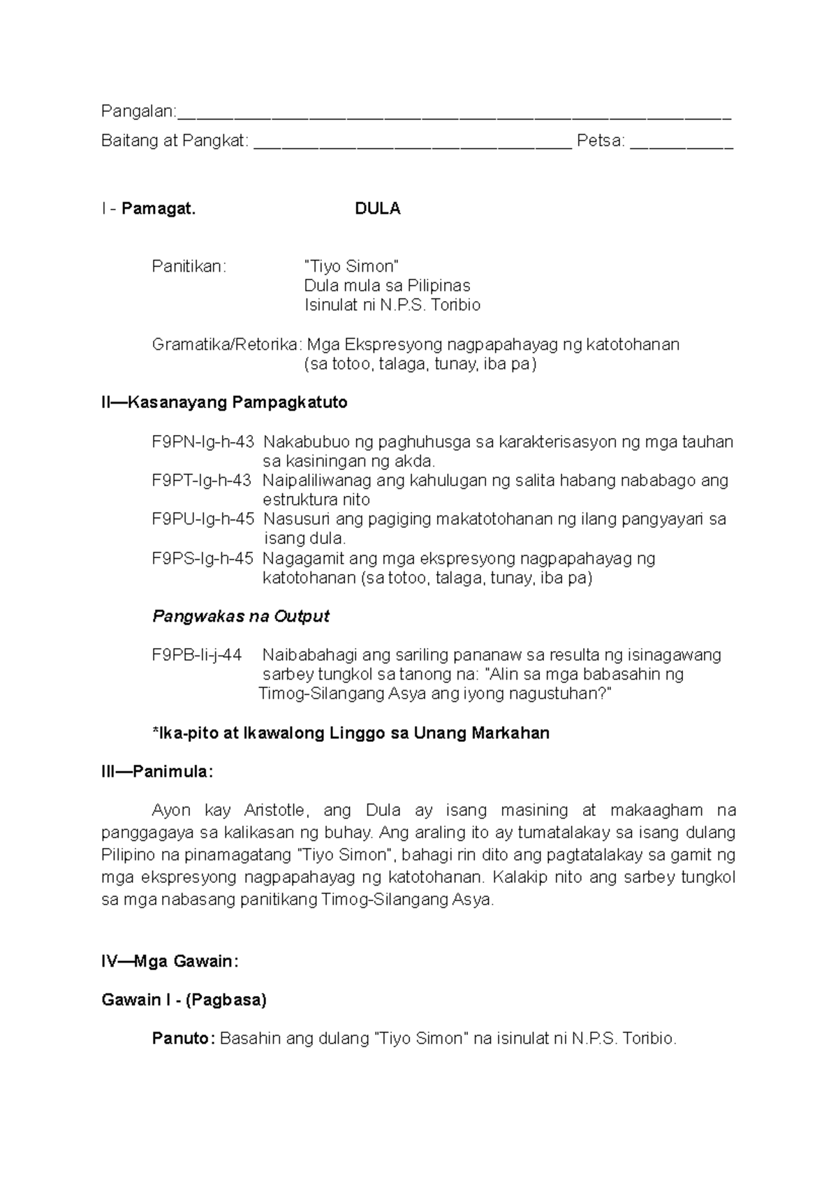 Filipino 9 Learning Activity Sheets - - Studocu
