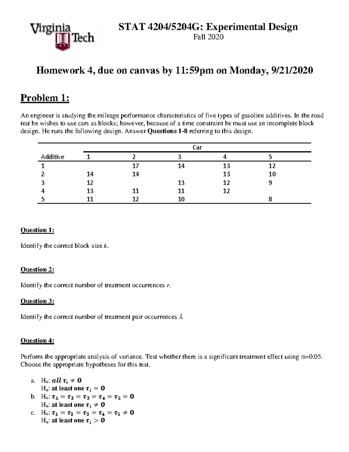 Homework 4 - hw4 - STAT 4204/5204G: Experimental Design Fall 2020 Homework 4, due on canvas by ...