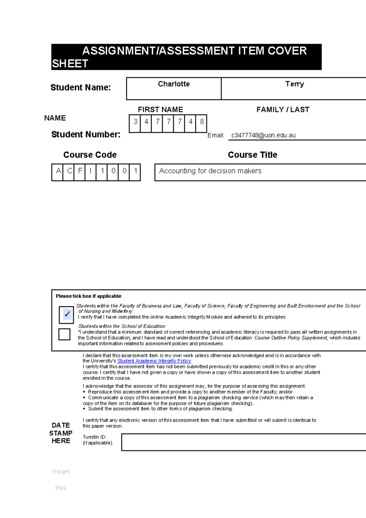 Accounting assignment - ASSIGNMENT/ASSESSMENT ITEM COVER SHEET Student ...