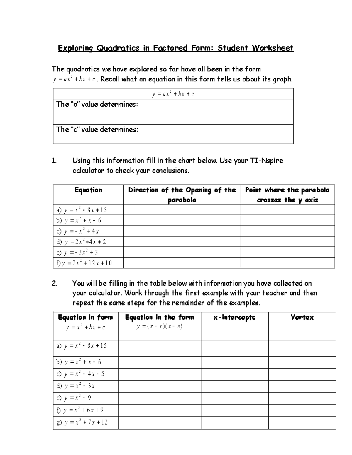 Exploring Quadraticsin Factored Form Student - Exploring Quadratics in ...