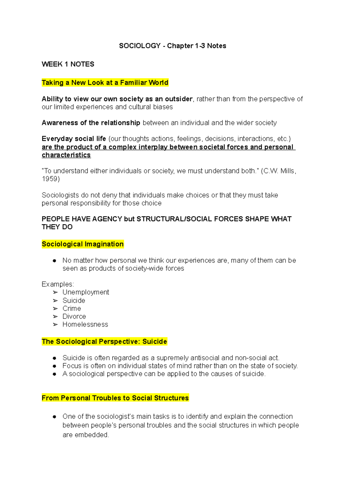 Sociology Notes - SOCIOLOGY - Chapter 1-3 Notes WEEK 1 NOTES Taking a ...