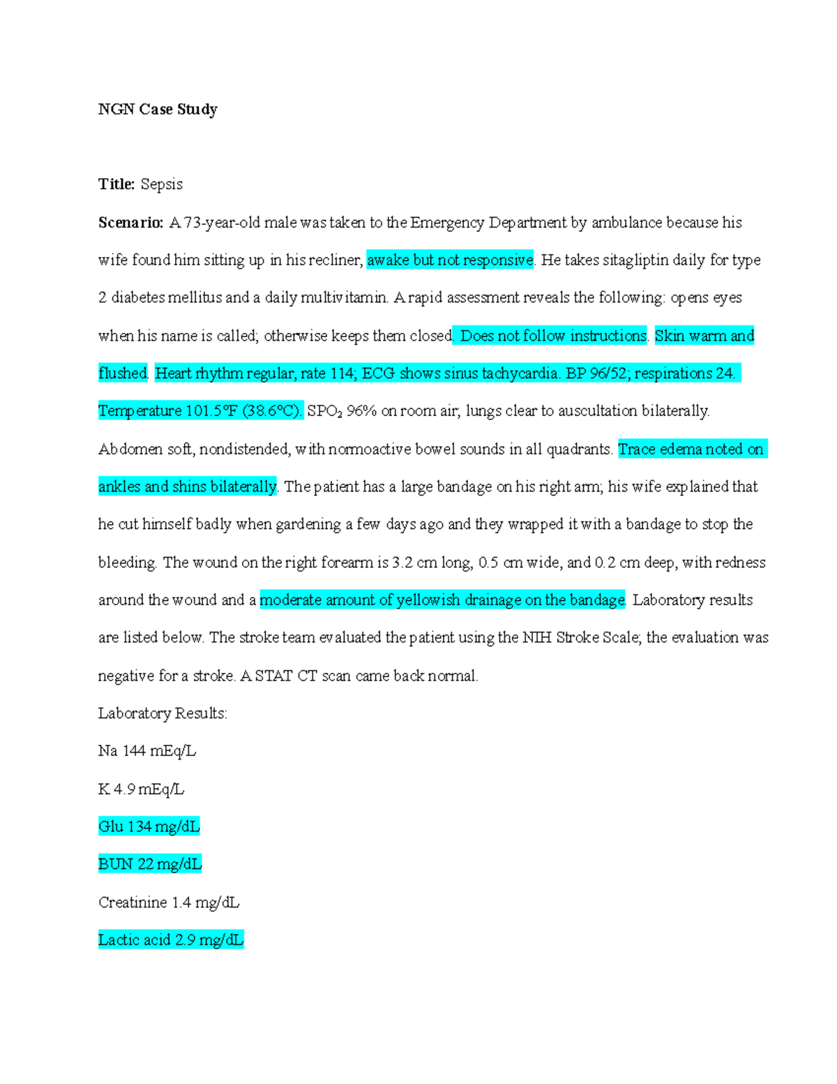Sepsis Case Study - critical thinking - NGN Case Study Title: Sepsis ...