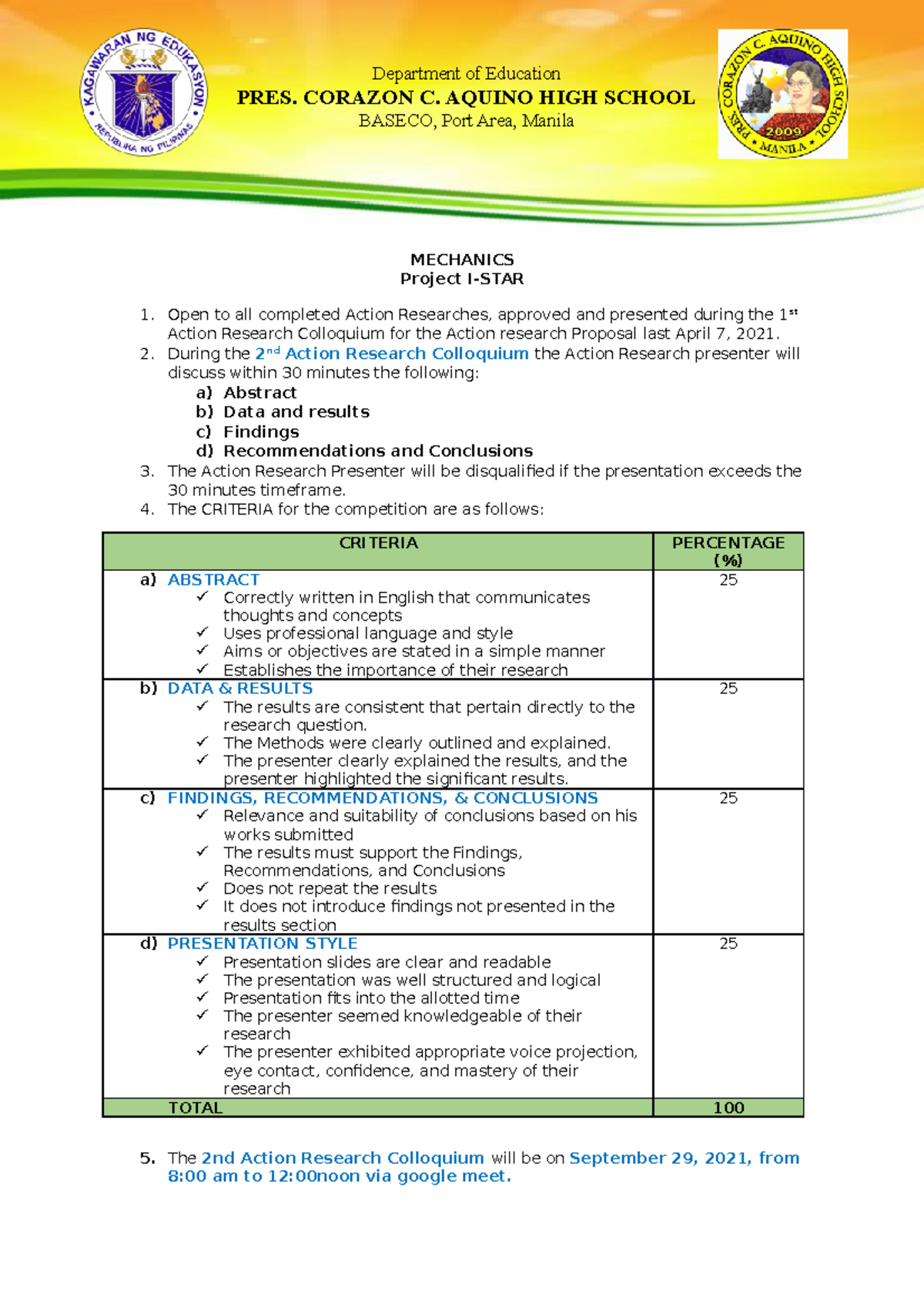 Project I-STAR- Mechanics - Department of Education PRES. CORAZON C ...