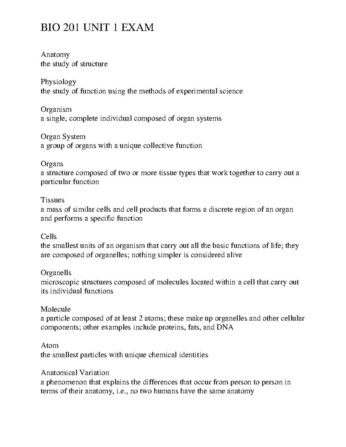 BIO 201 UNIT 1 EXAM Notes - BIO 201 UNIT 1 EXAM Anatomy the study of ...