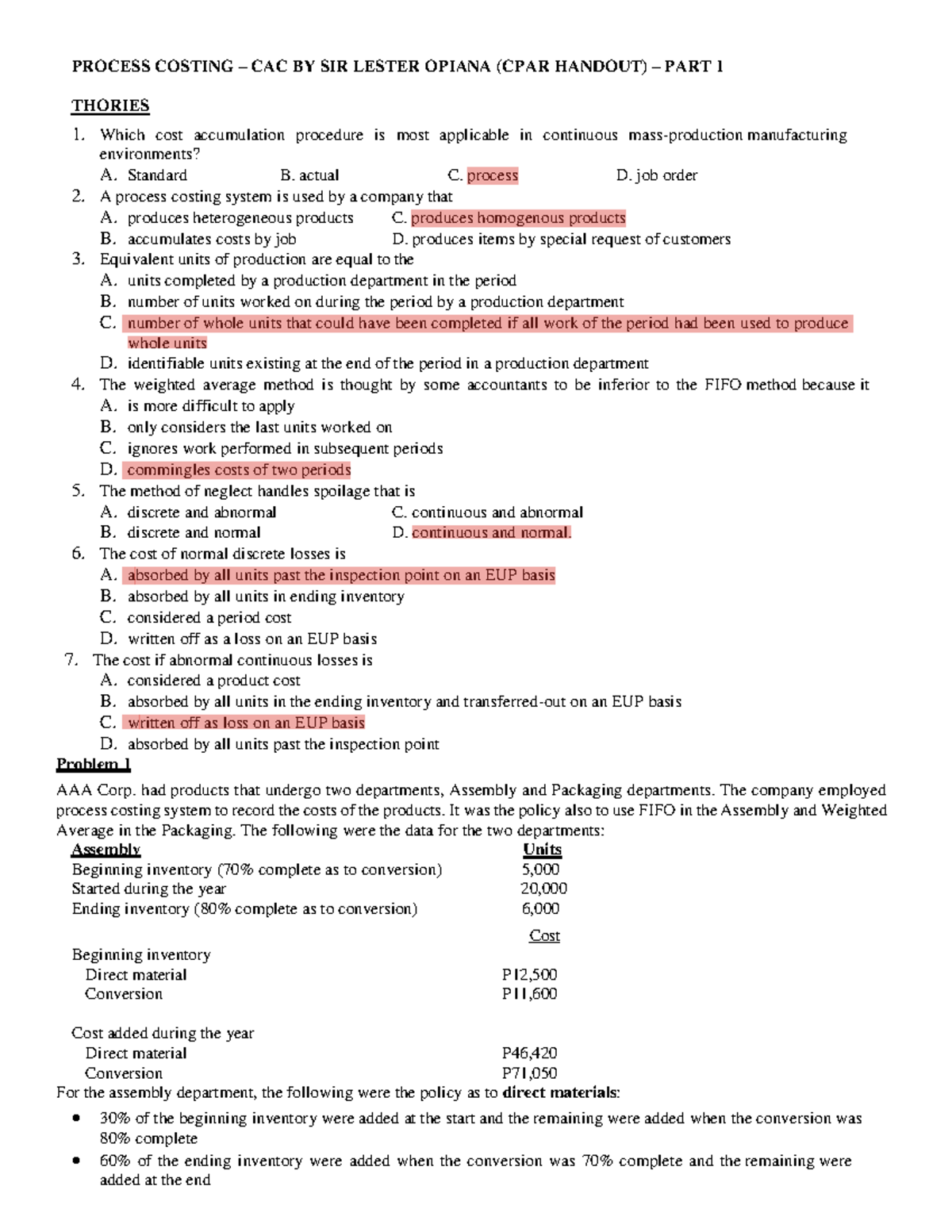 Process- Costing with answers - PROCESS COSTING – CAC BY SIR LESTER ...