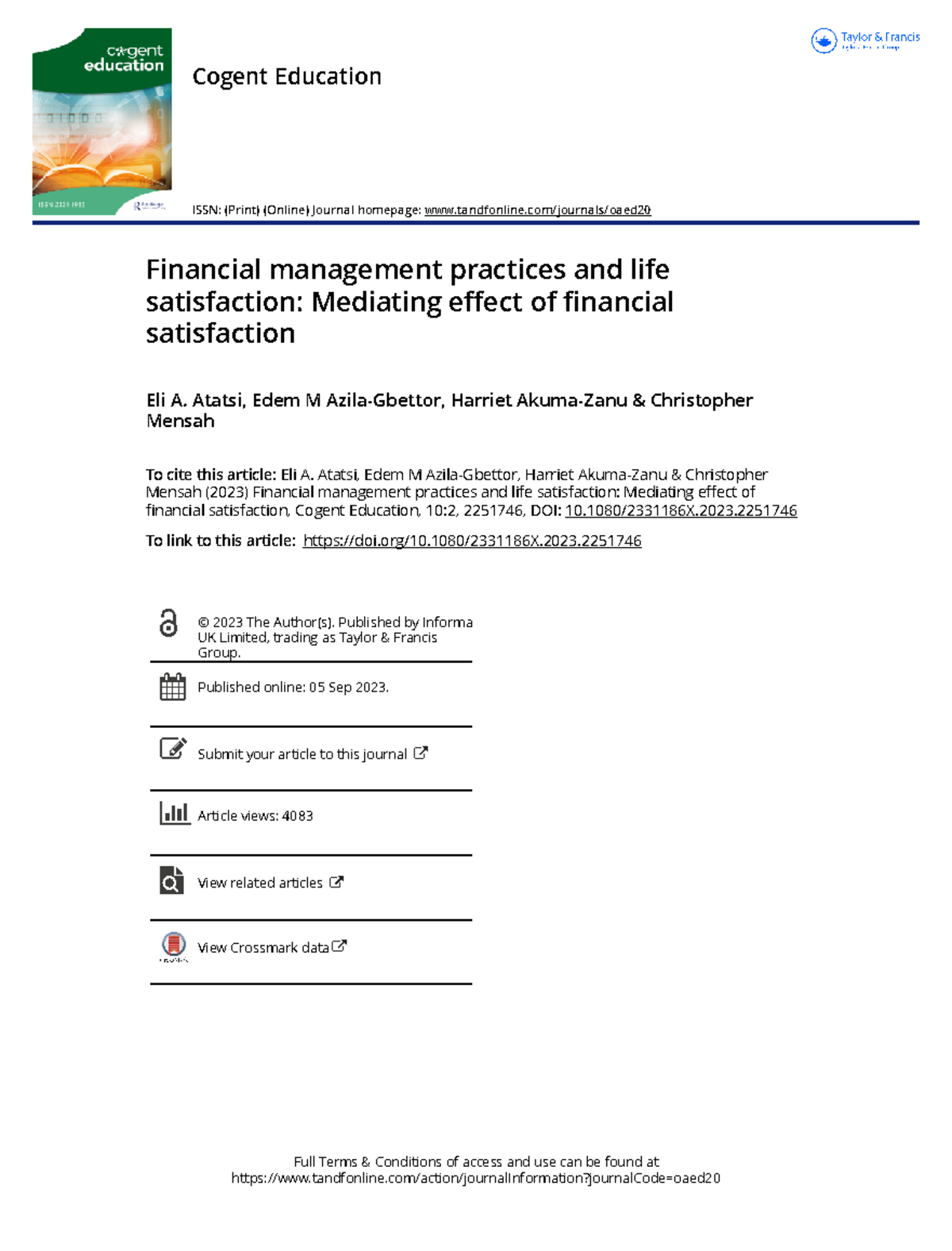 Financial management practices and life satisfaction Mediating effect ...