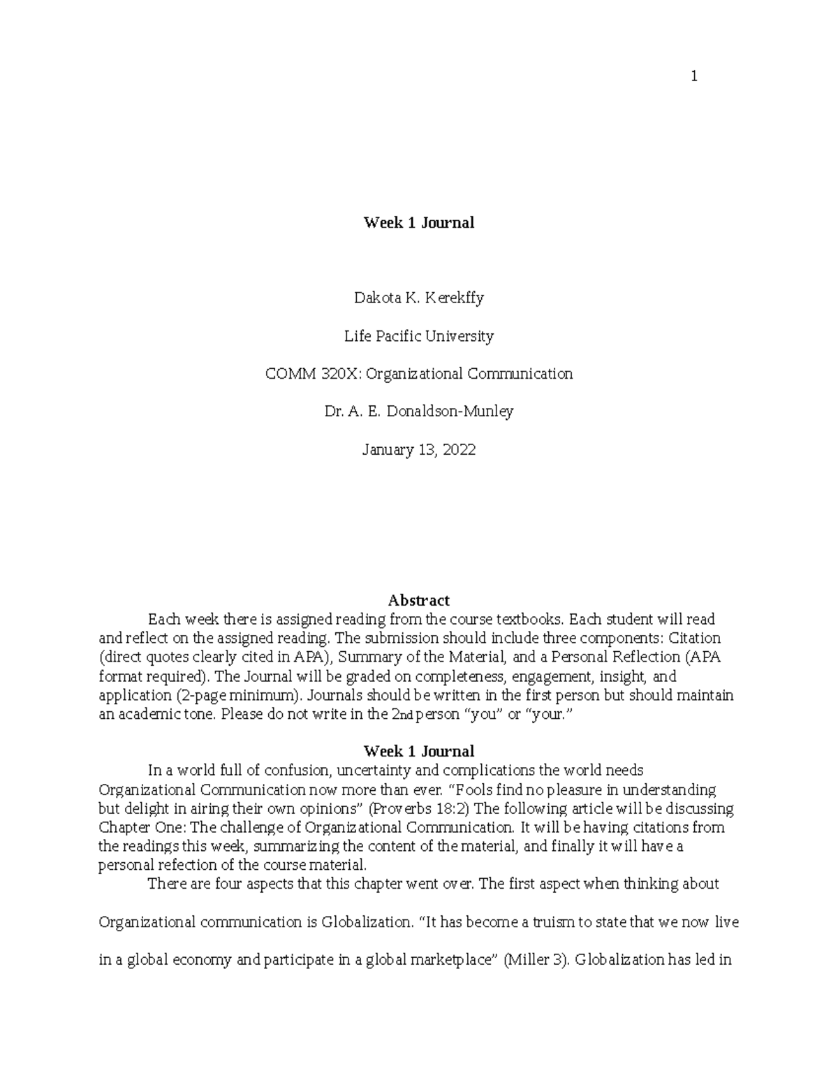 Week 1 Journal worksheet description - 1 Week 1 Journal Dakota K ...