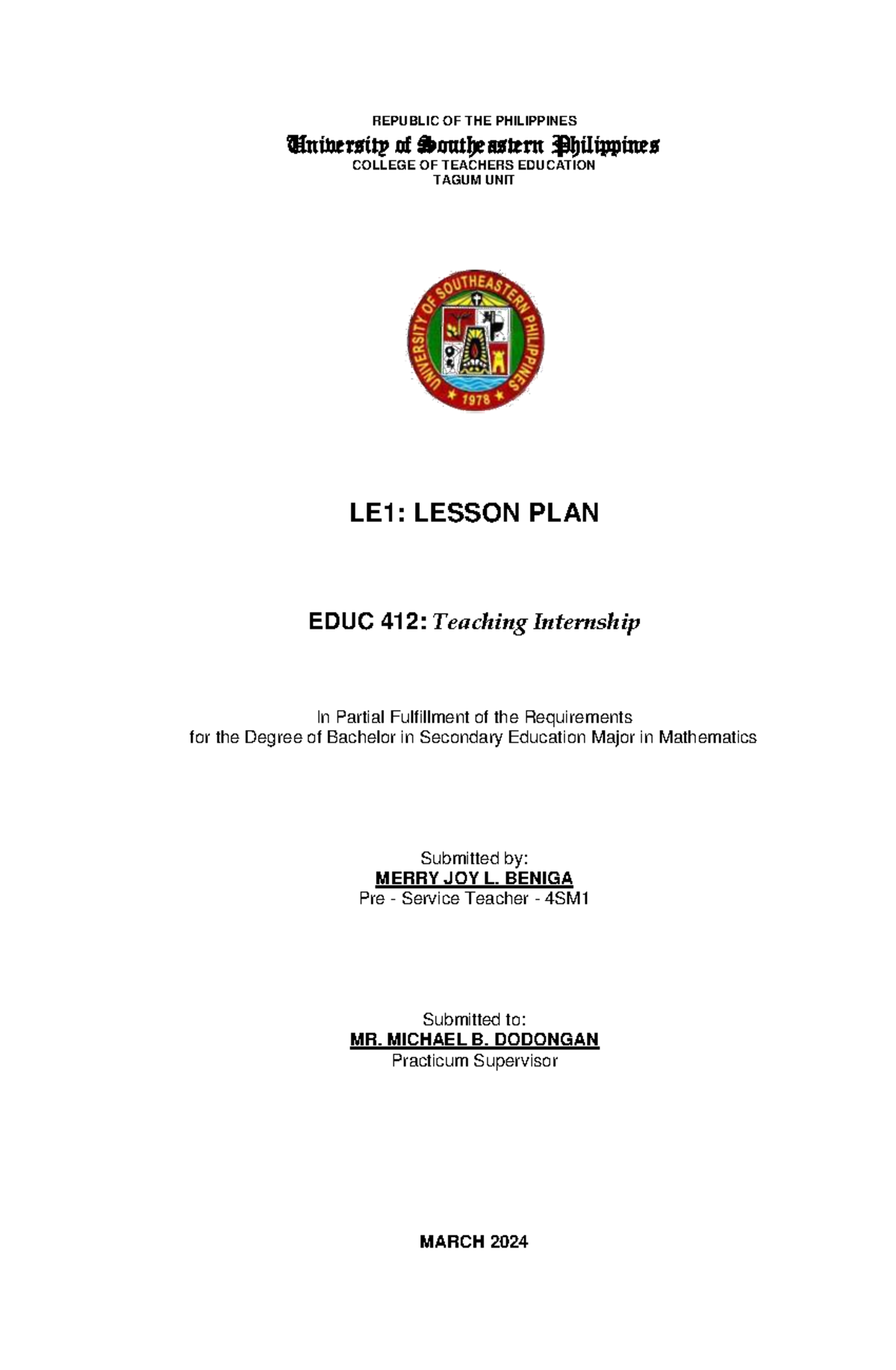 Lesson PLAN 4 (SSS) for PRAC. SUP - University of Southeastern ...