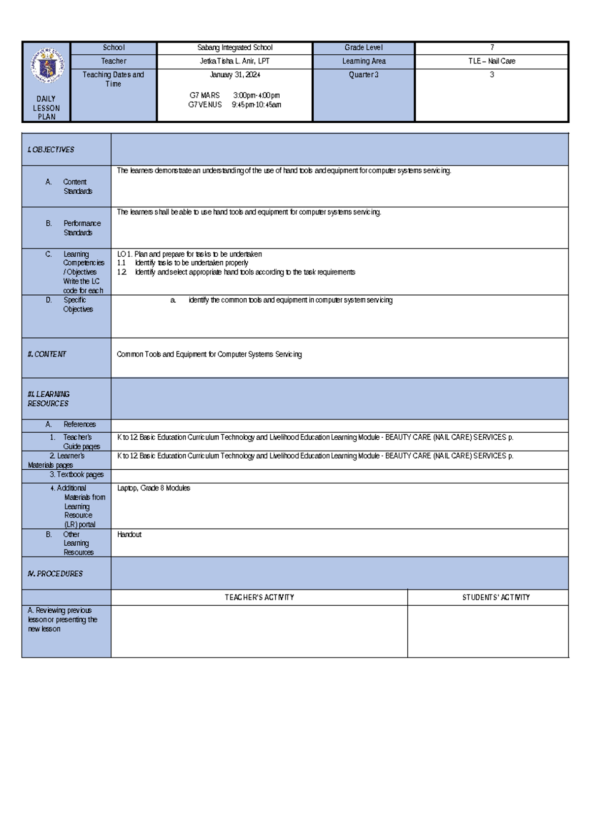 TLE-7-DLP-Q4 L1- Common Tools and Equipment for Computer Systems ...