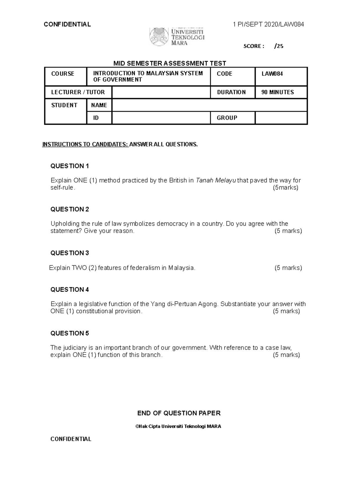 Mid Semester Assessment Test Sept 2020 - CONFIDENTIAL 1 PI/SEPT 2020 ...