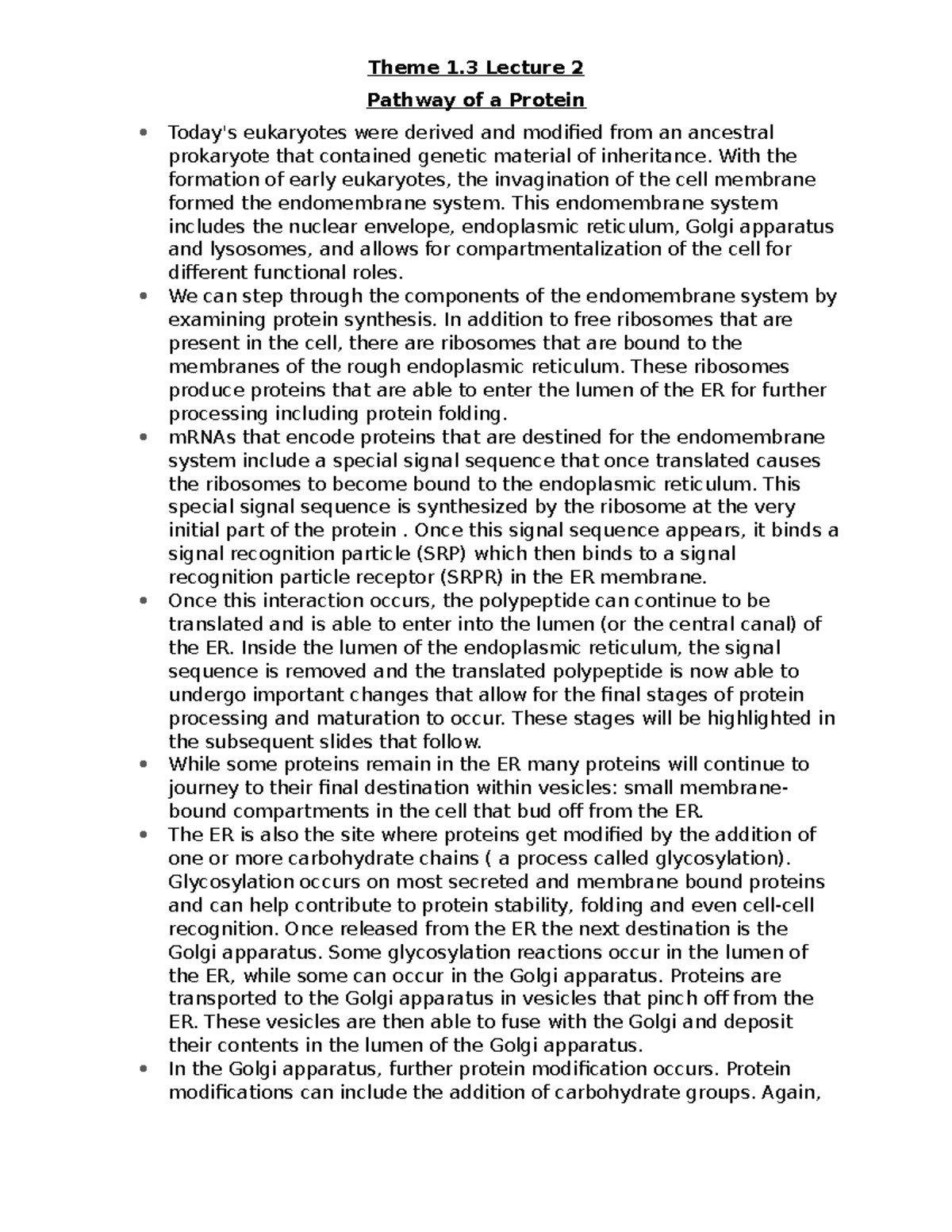 Theme 1.3 Lecture 4 - Theme 1 Lecture 2 Pathway of a Protein Today's ...
