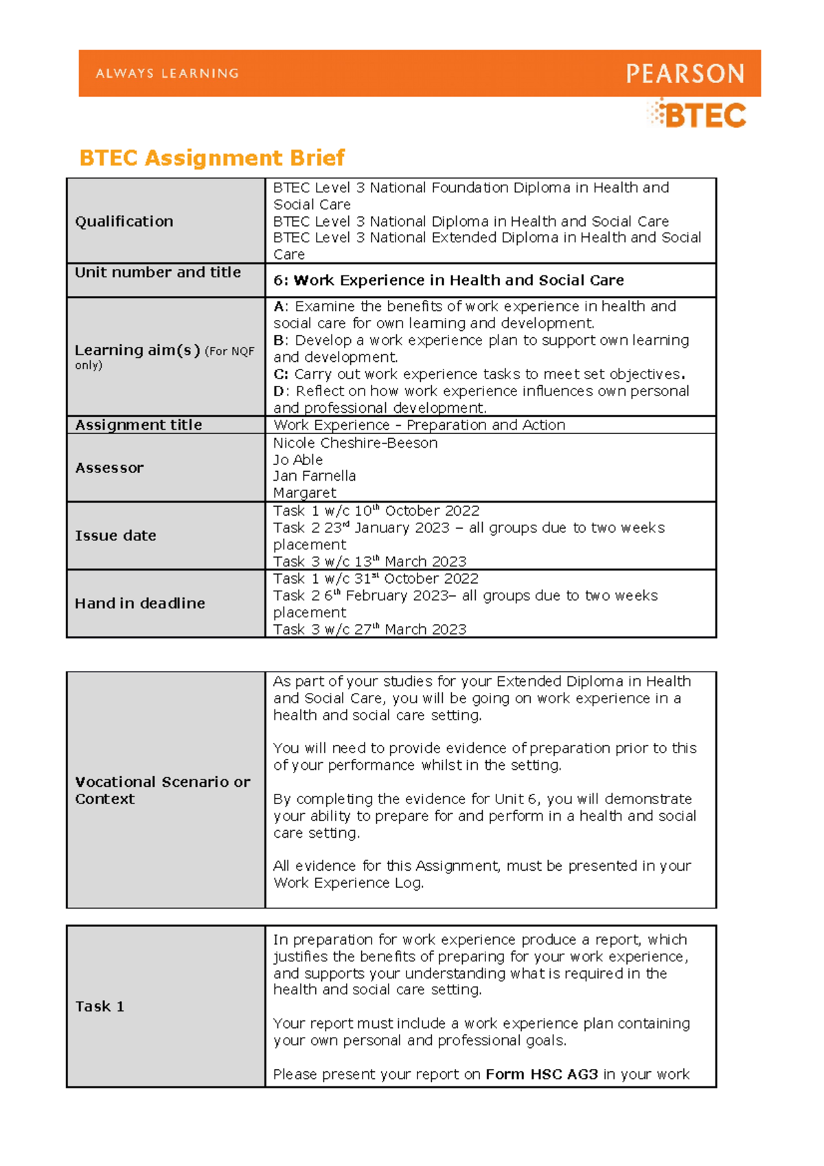 Task 1 Assignment brief - BTEC Assignment Brief Qualification BTEC ...