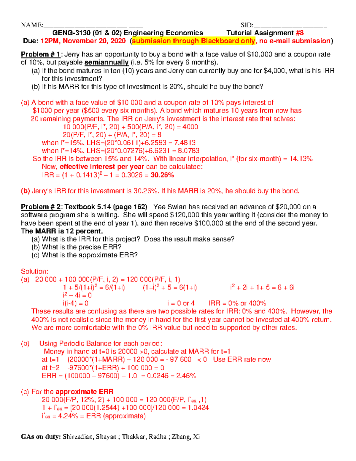 Tutorial 8 Nov20 solution - NAME:________________________ ____ SID:_____________________ GAs on ...