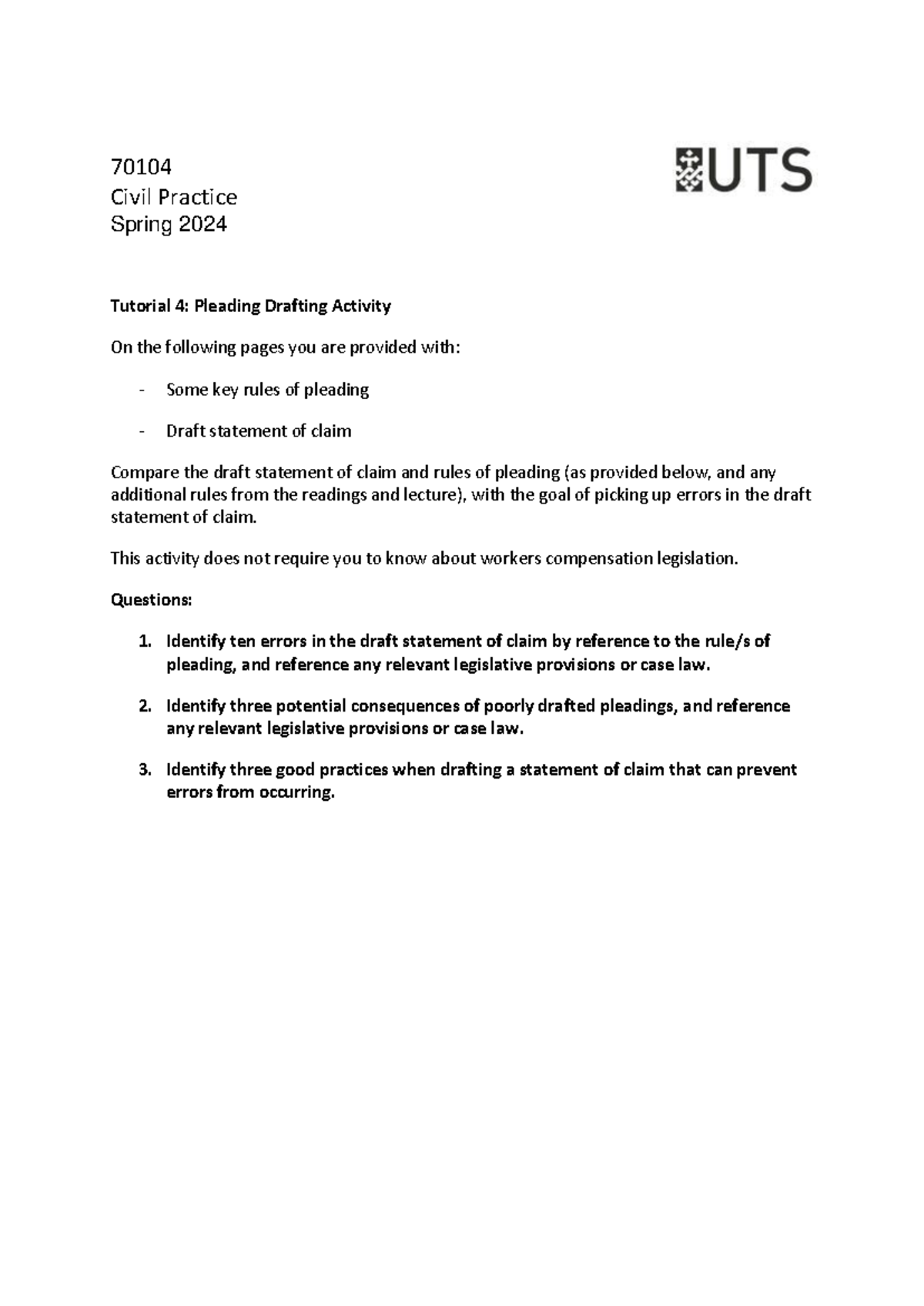 Tutorial 4 Pleading Drafting Activity - Civil Practice Spring 2024 ...