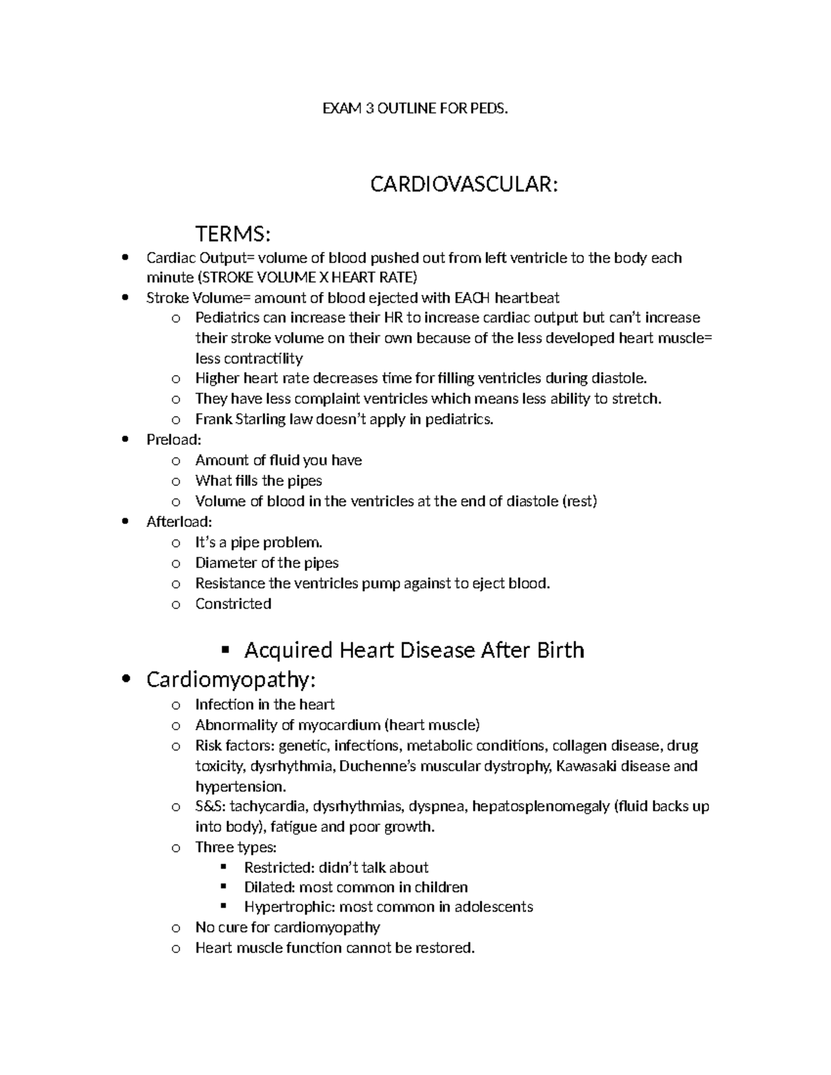 EXAM 3 PEDS Outline copy copy - EXAM 3 OUTLINE FOR PEDS. CARDIOVASCULAR ...