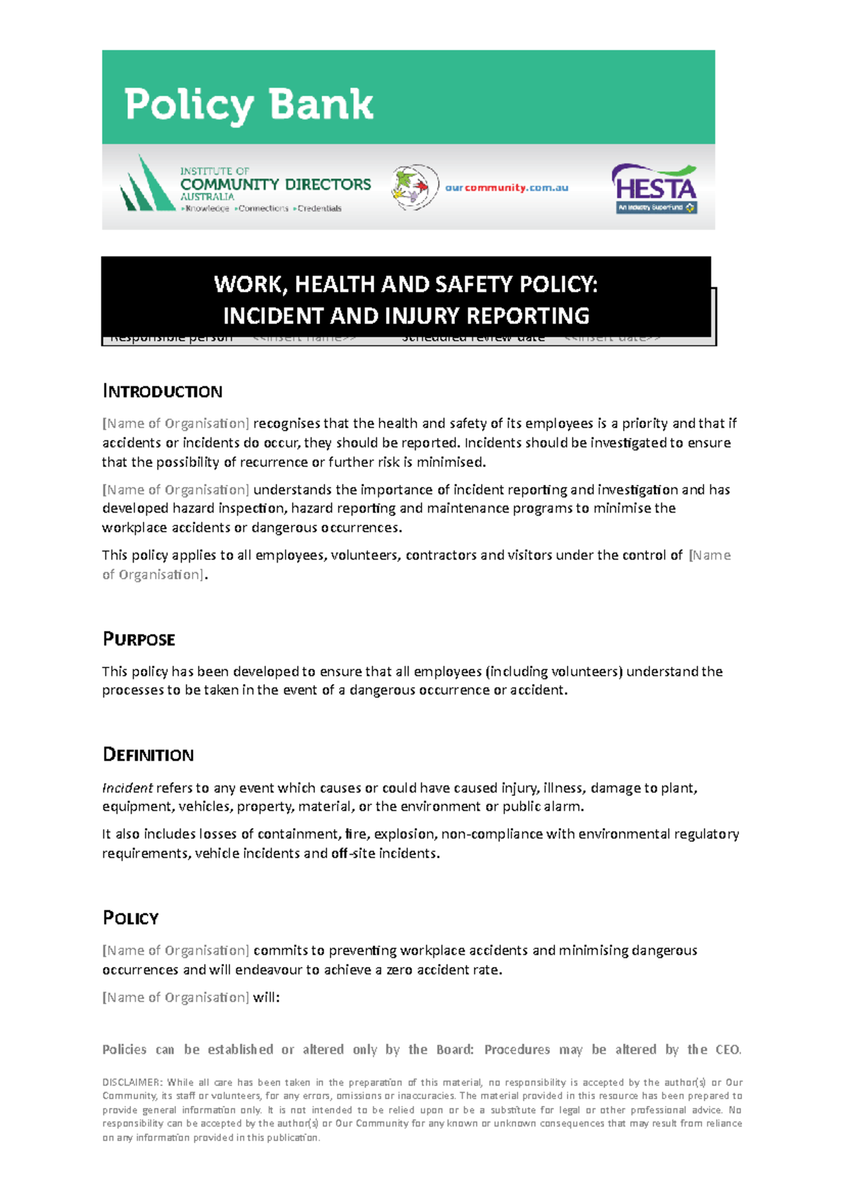 Injury and Incident Reporting policy - Policy number Version Drafted by ...