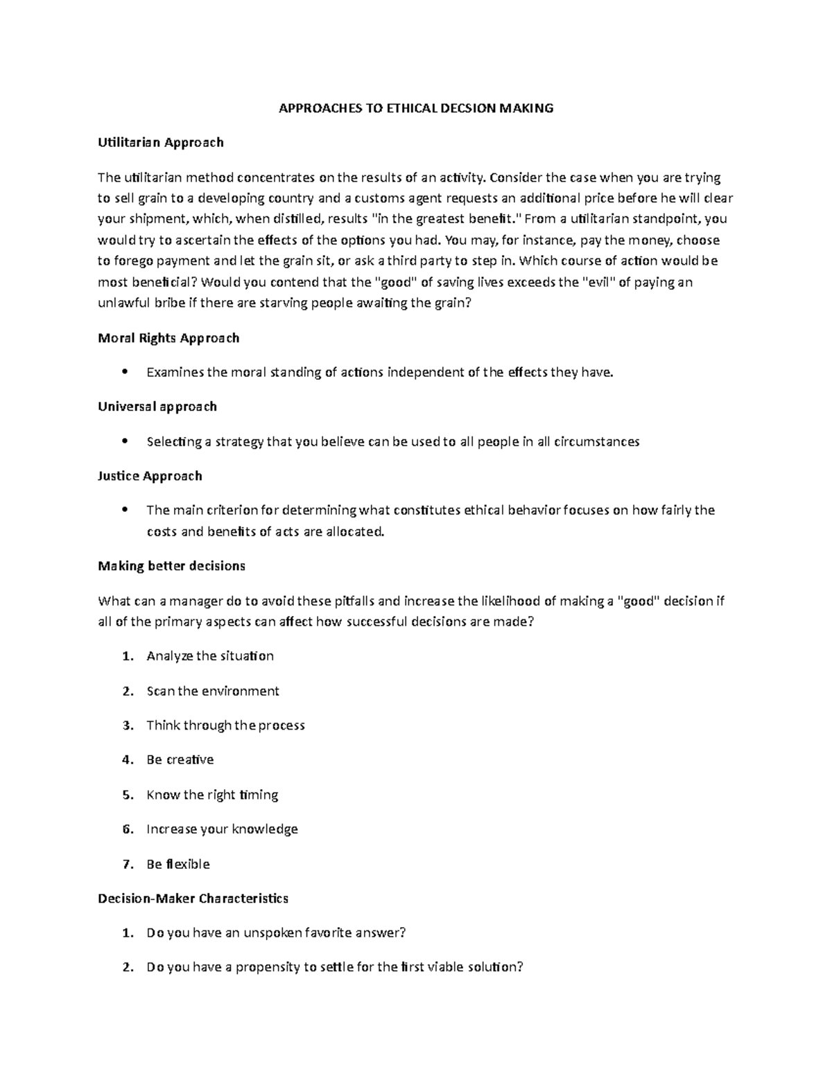 Approaches TO Ethical Decsion Making - APPROACHES TO ETHICAL DECSION ...