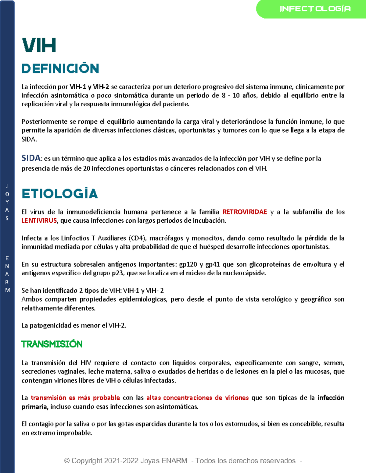 VIH - Resumen de lo más importante de VIH - J O Y A S E N A R M VIH ...