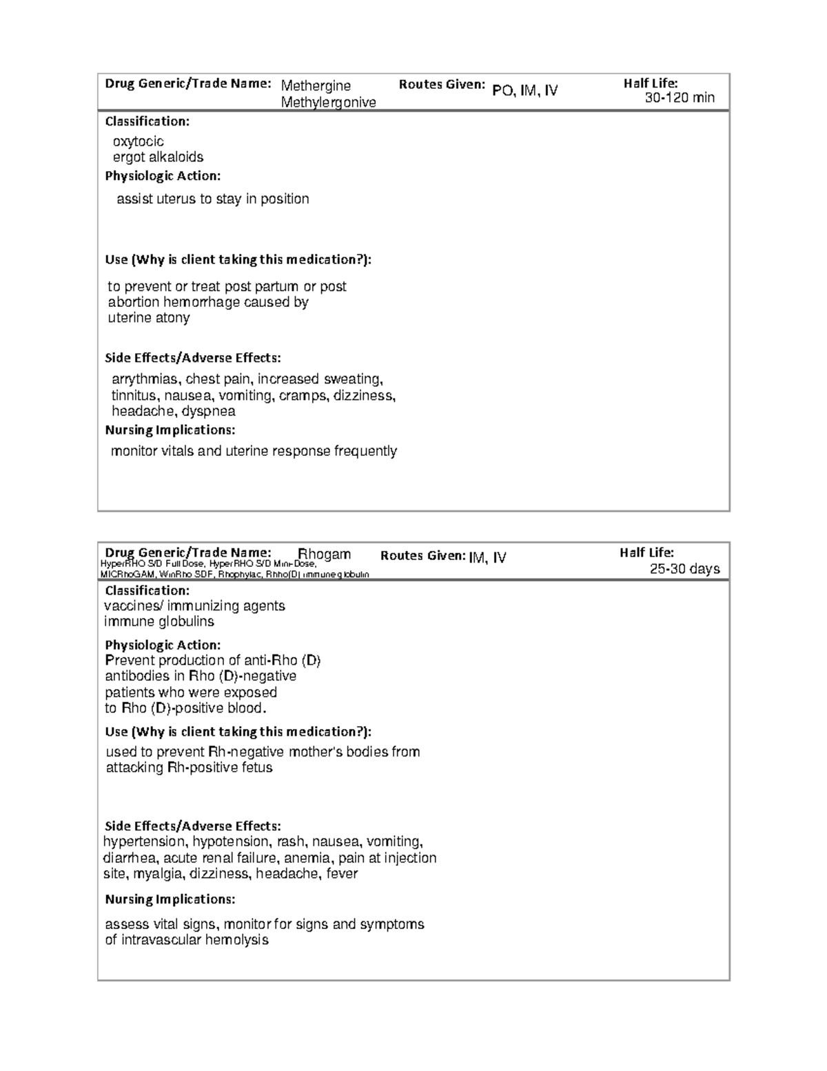 Maternal Newborn Drug Cards - VNSG 1230 - Drug Generic/Trade Name ...