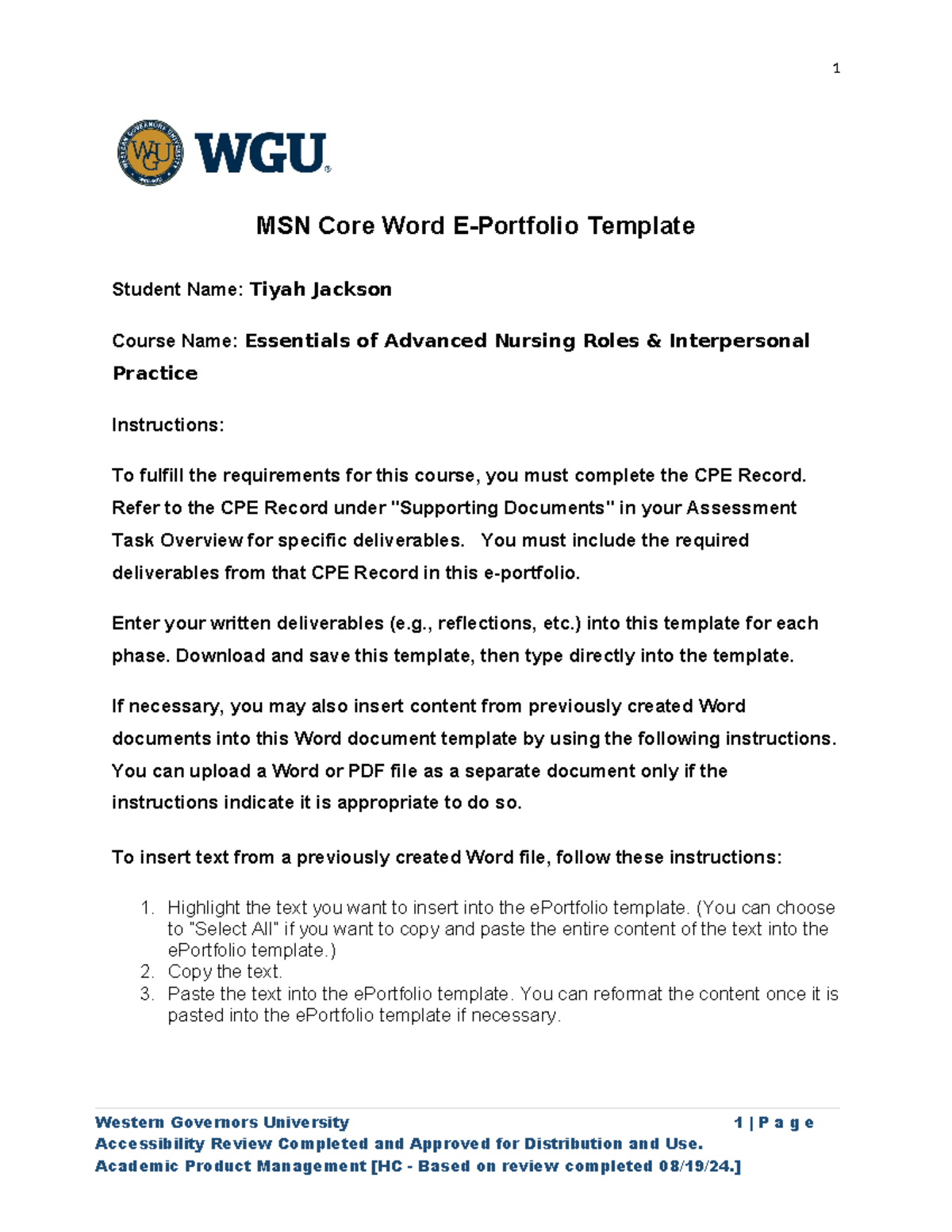 E Portfolio Template- D025 - MSN Core Word E-Portfolio Template Student ...
