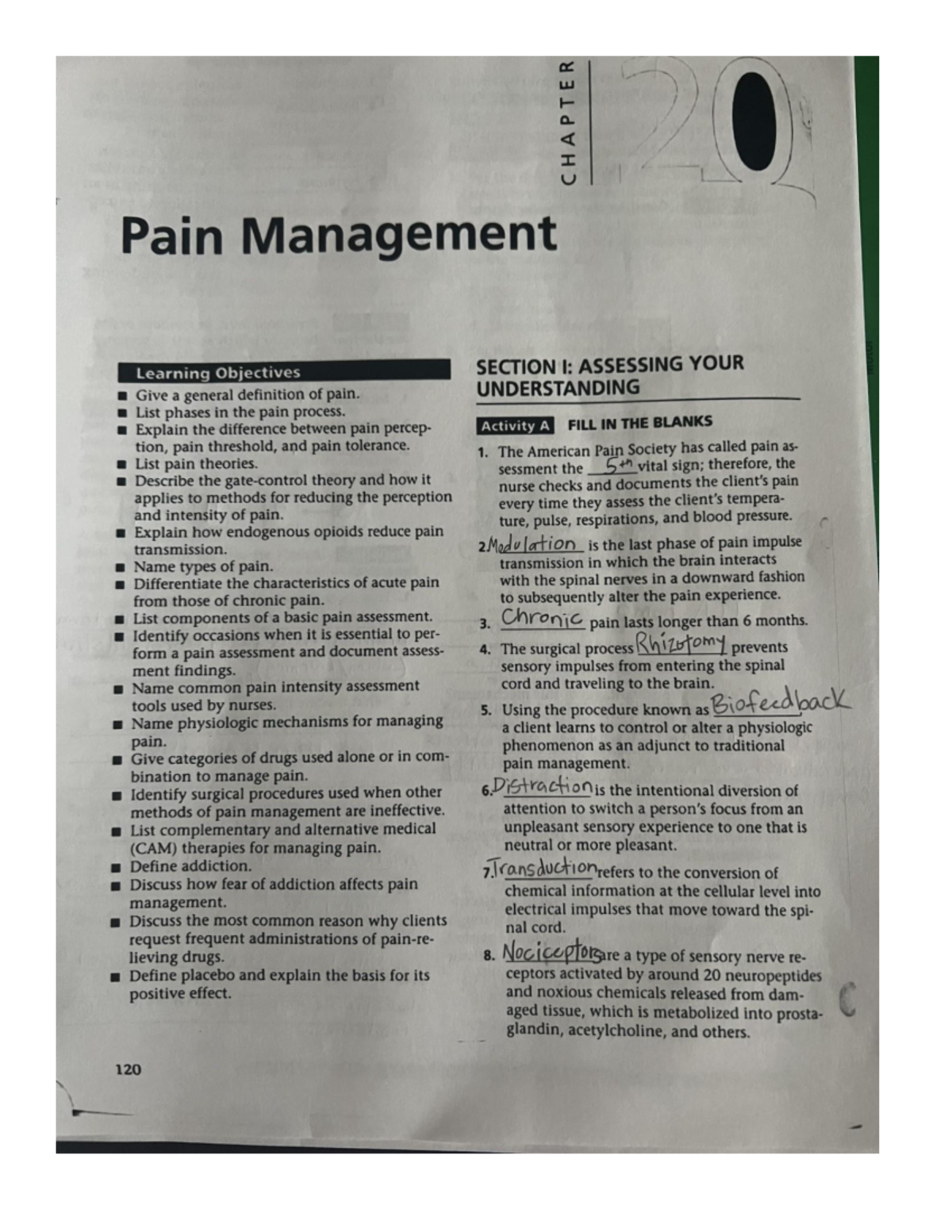 Document - Ch 20 Pain Management WB - NURS 200 - Studocu