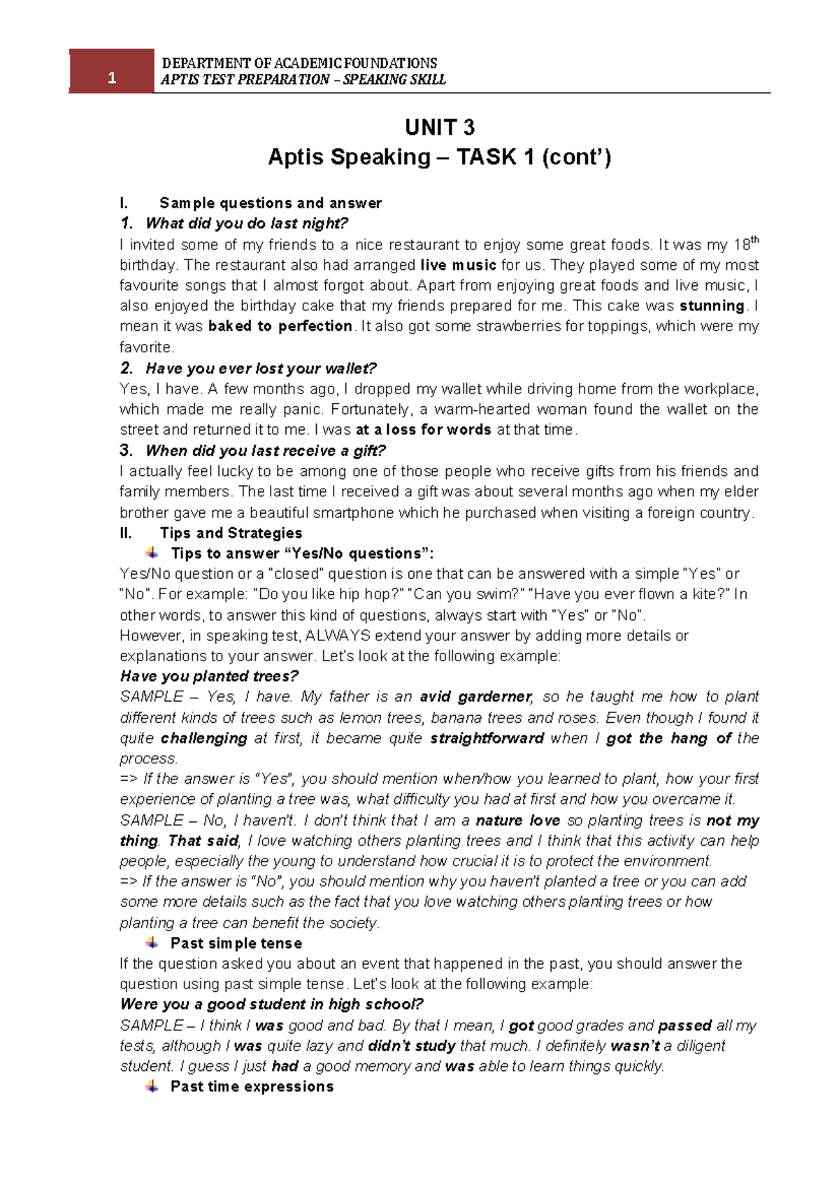 Aptis speaking - UNIT 3 - 1 DEPARTMENT OF ACADEMIC FOUNDATIONS APTIS ...