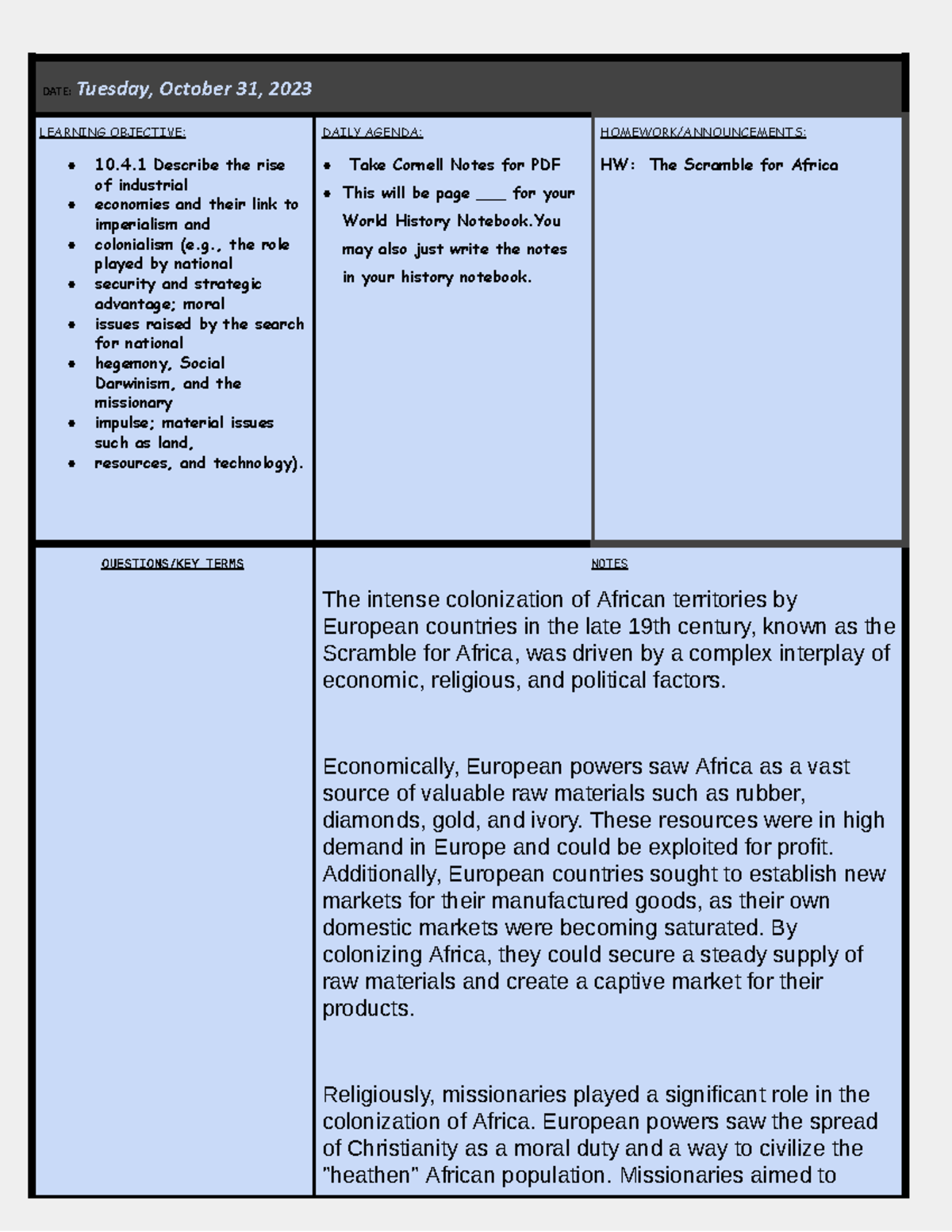 Matthew Marbach - Andersen - Cornell Notes The Scramble for Africa 2023 ...
