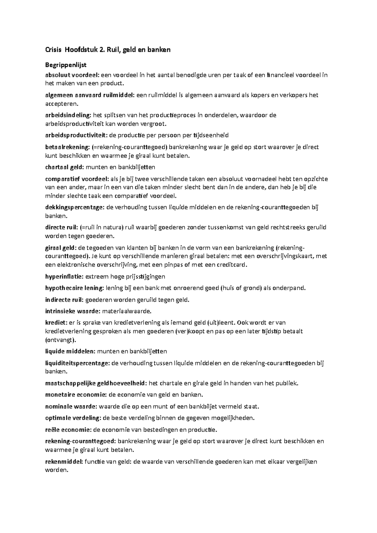 Ec crisis h2 ruil, geld en banken - Crisis Hoofdstuk 2. Ruil, geld en ...