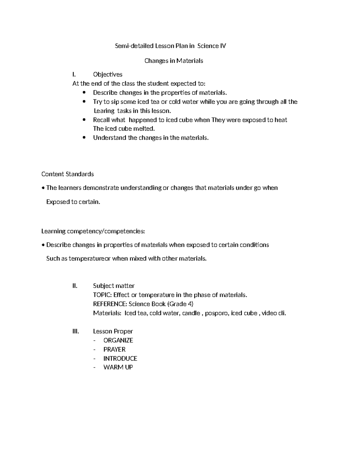 Lesson Plan for science - Semi-detailed Lesson Plan in Science IV ...