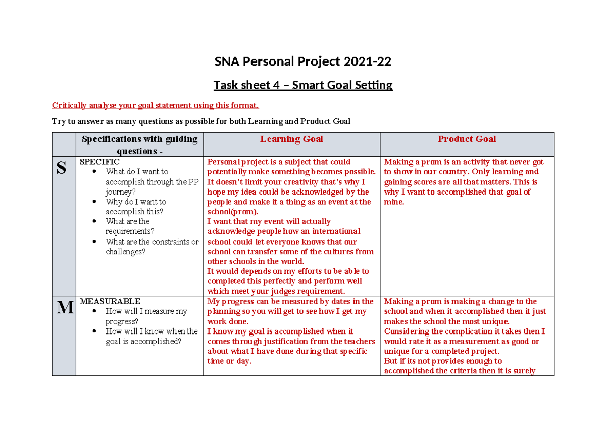 Task sheet 4 Smart Goal Setting Steve 10A2 - SNA Personal Project 2021 ...