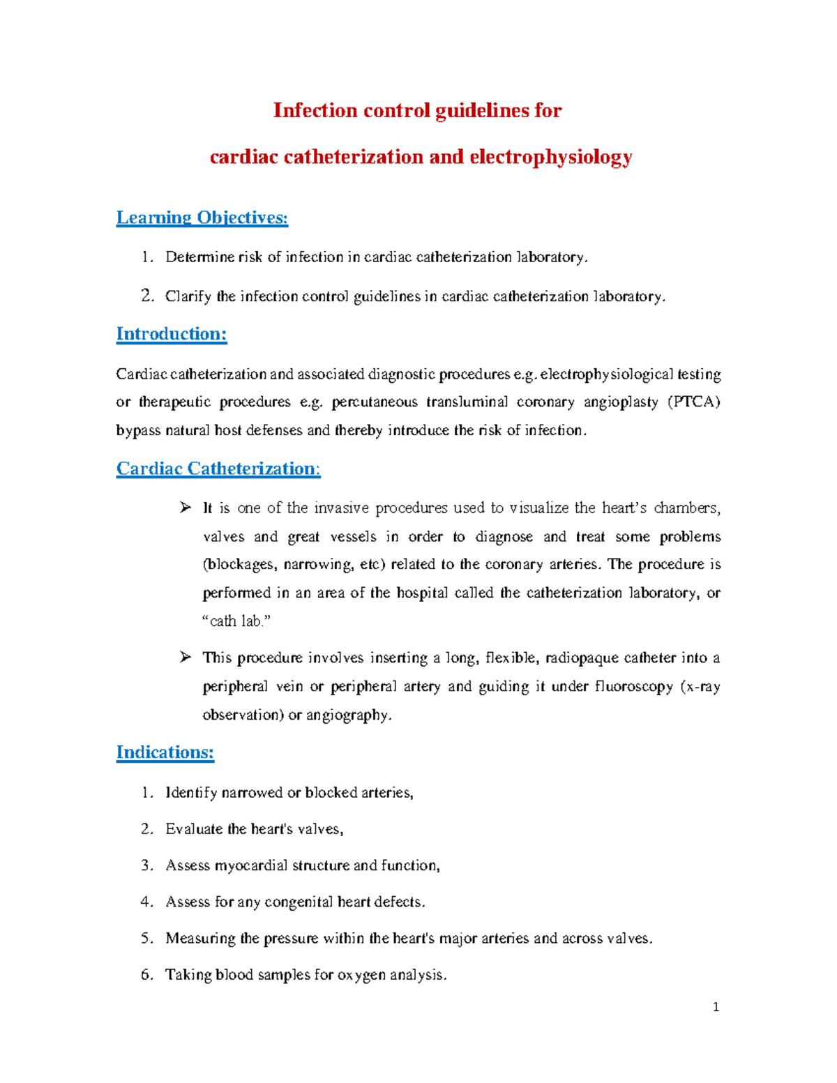 Cardiac cathetarization - 2. Clarify the infection control guidelines ...