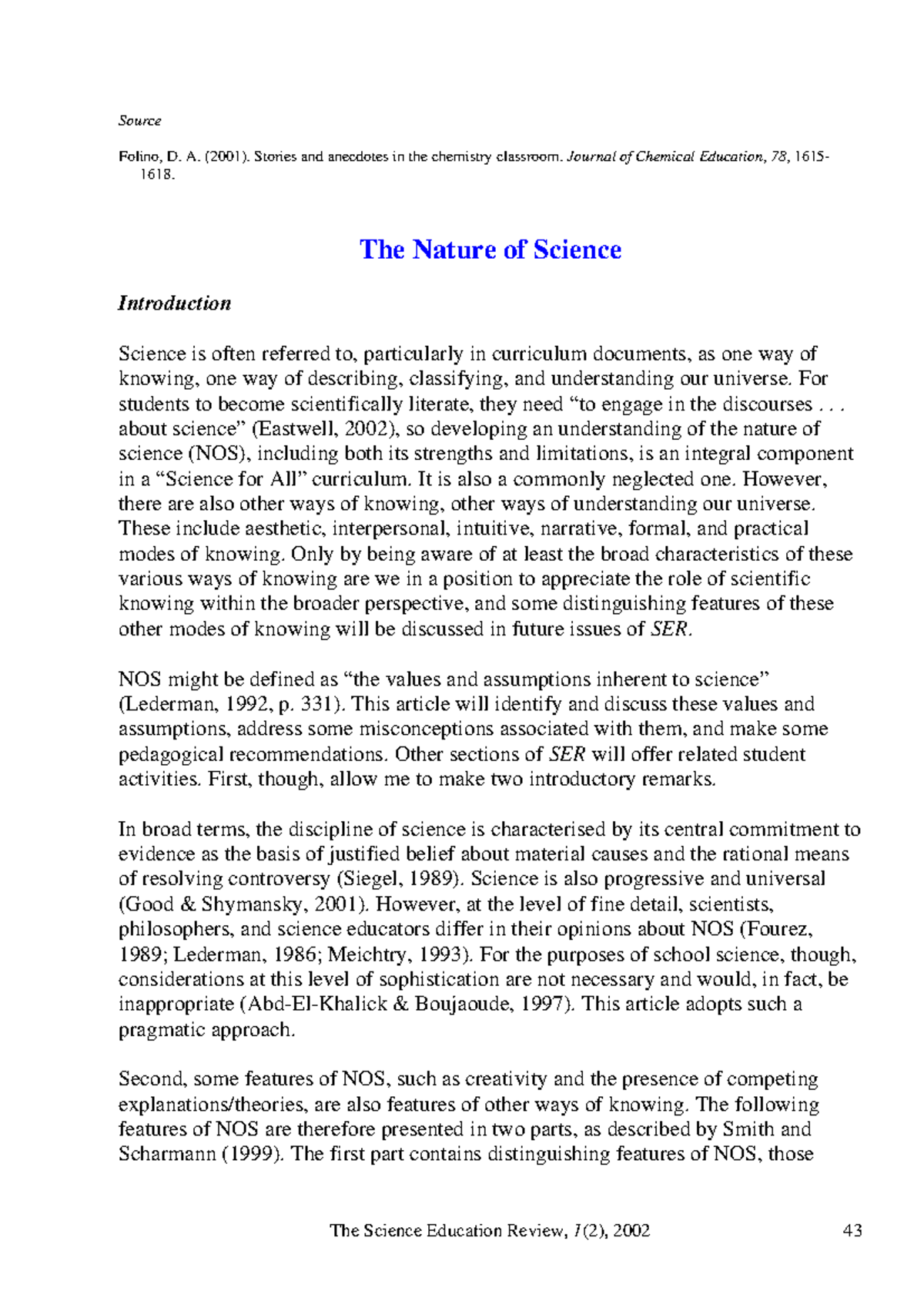 Nature of Science reading material - Source Folino, D. A. (2001 ...