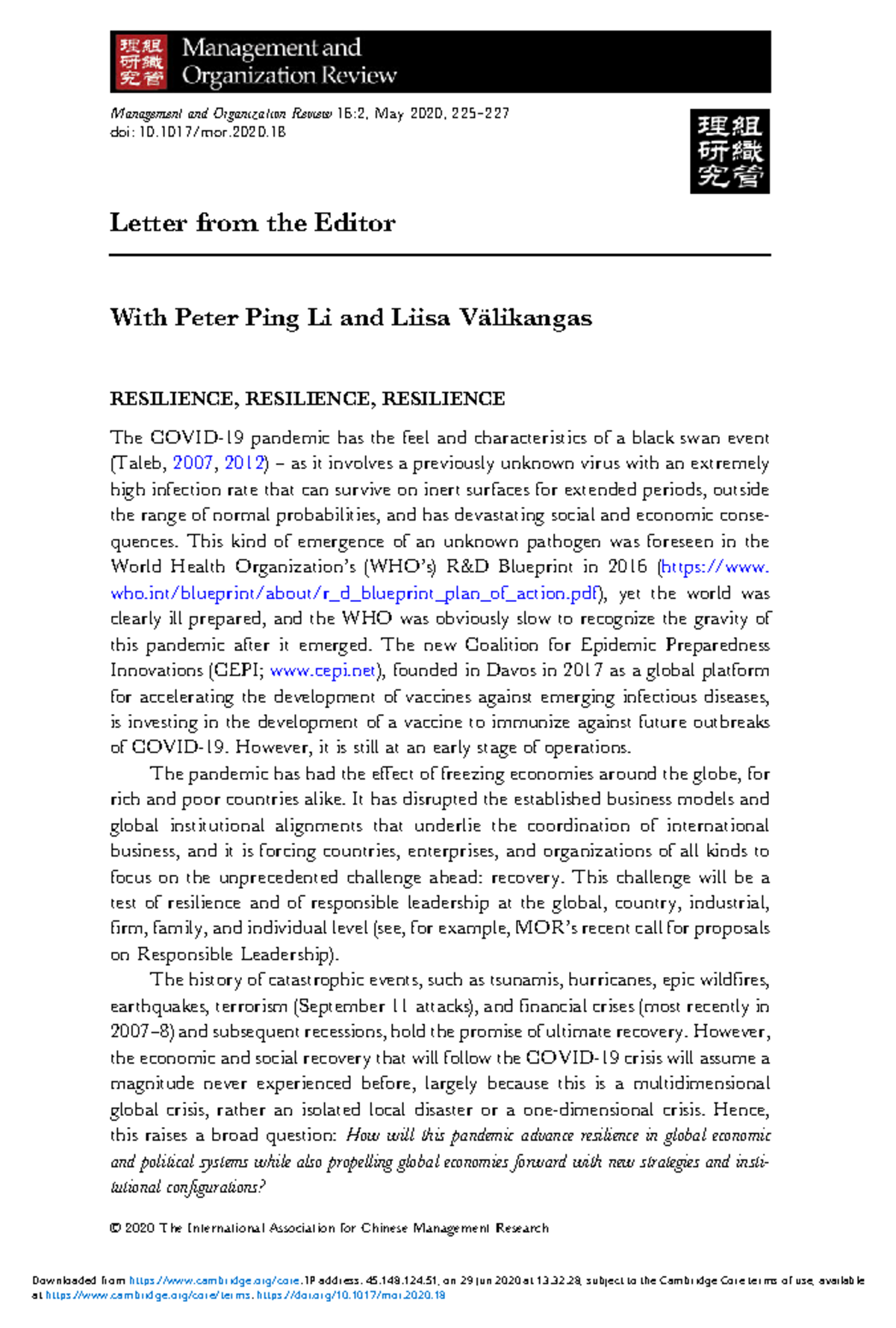 With Peter Ping Li and Liisa Välikangas - Letter from the Editor With ...