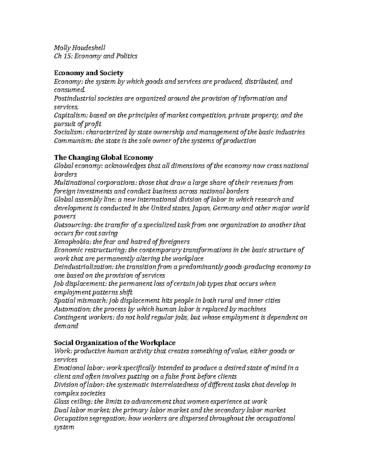 Ch. 15 - Lecture notes - Molly Houdeshell Ch 15: Economy and Politics ...