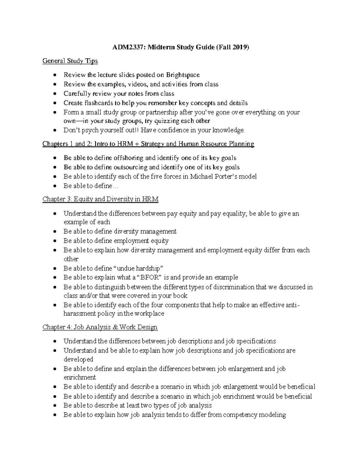 ADM2337 - Midterm Study Guide - ADM2337: Midterm Study Guide (Fall 2019 ...