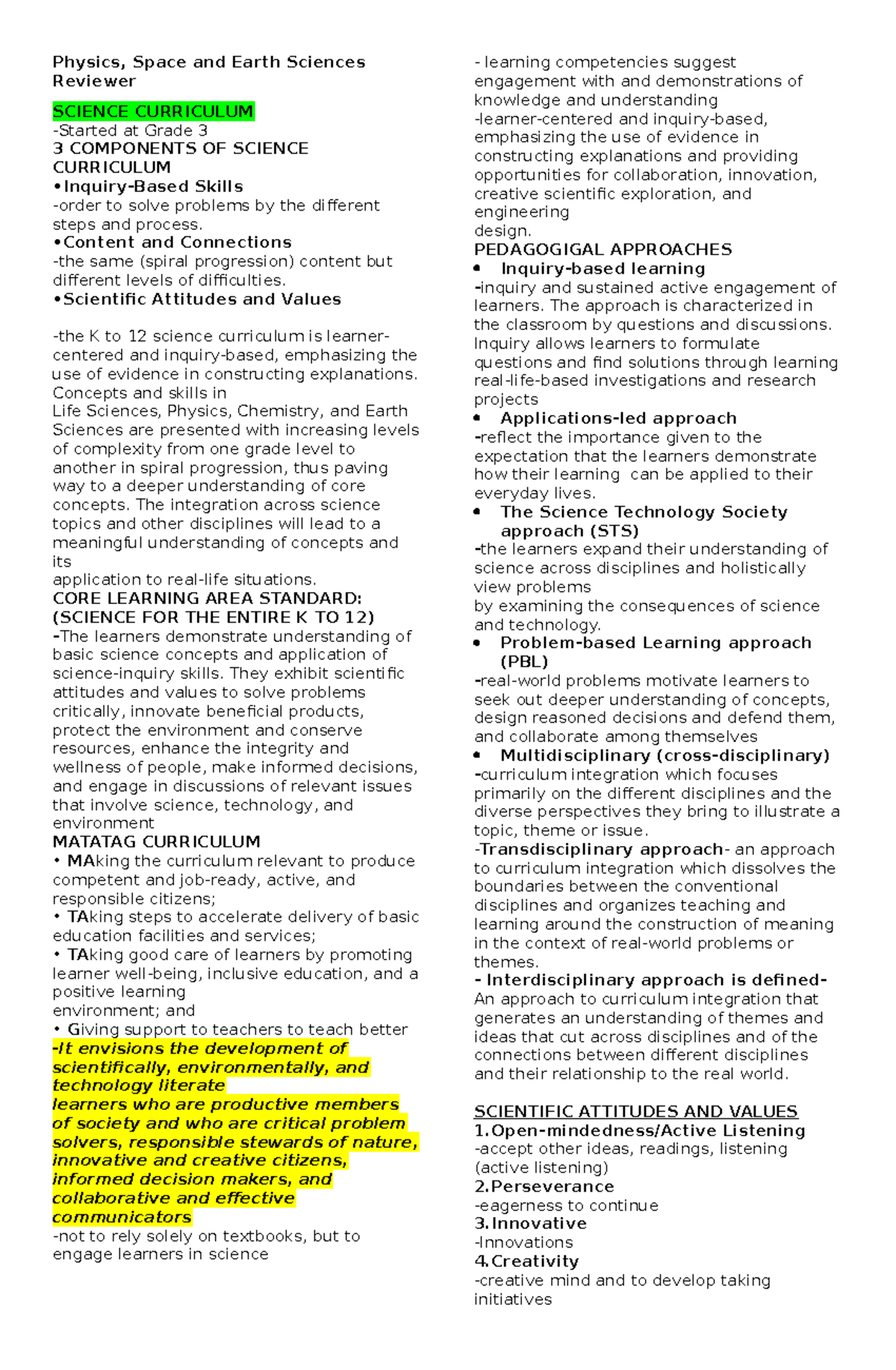 Science-Reviewer-1 - Summary Elementary Education - Physics, Space and ...