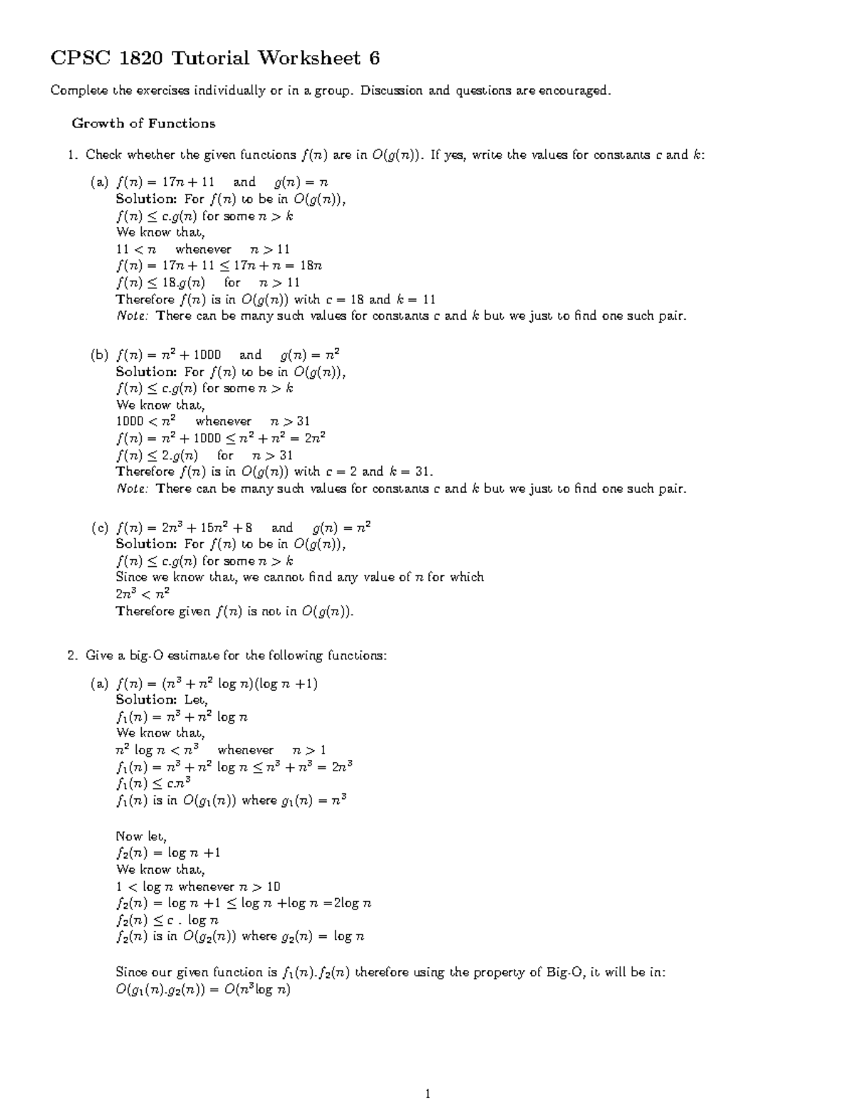 Worksheet 6 - Questions and Answers - CPSC 1820 Tutorial Worksheet 6 ...