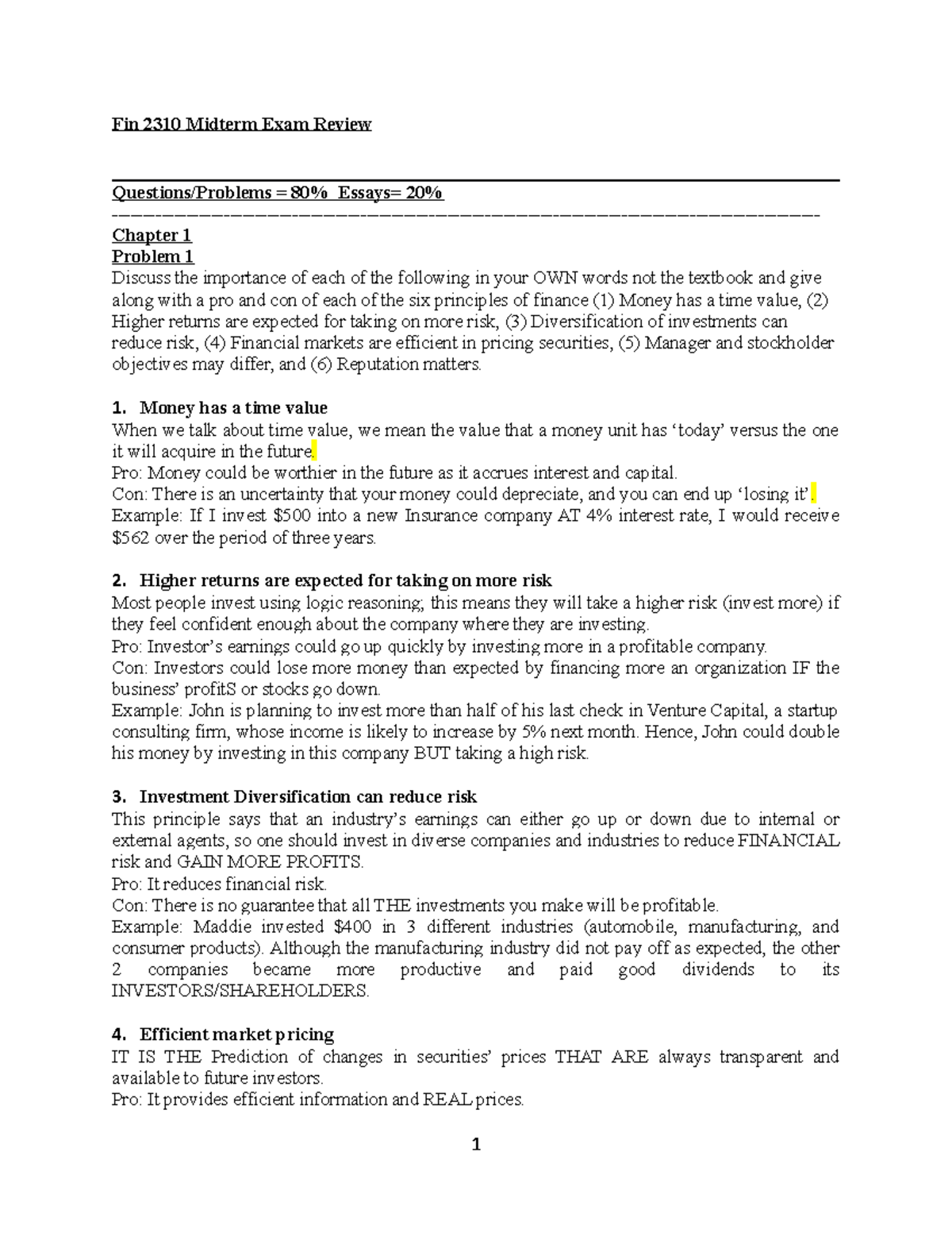 FIN 2310 Midterm Exam Review - Fin 2310 Midterm Exam Review **Questions ...