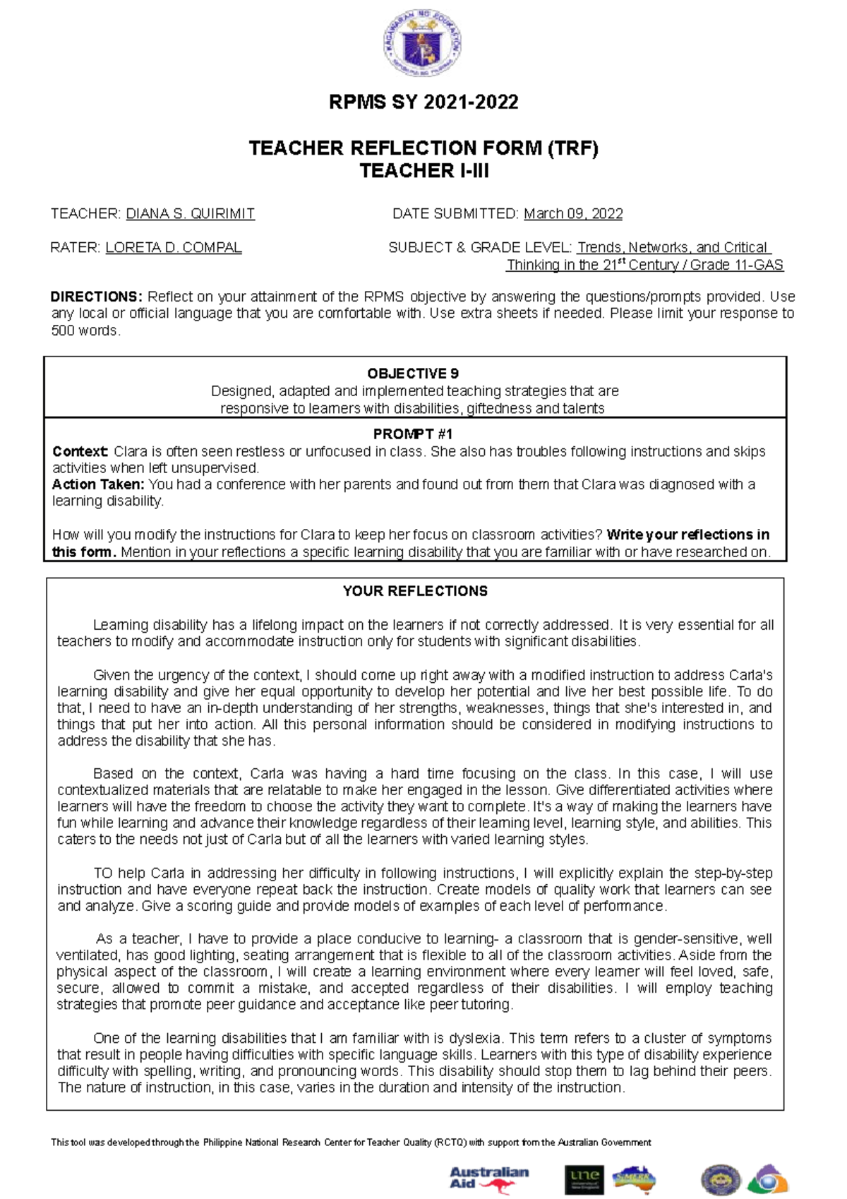 TRF Diana Quirimit SHS - for assessment - TEACHER REFLECTION FORM (TRF ...