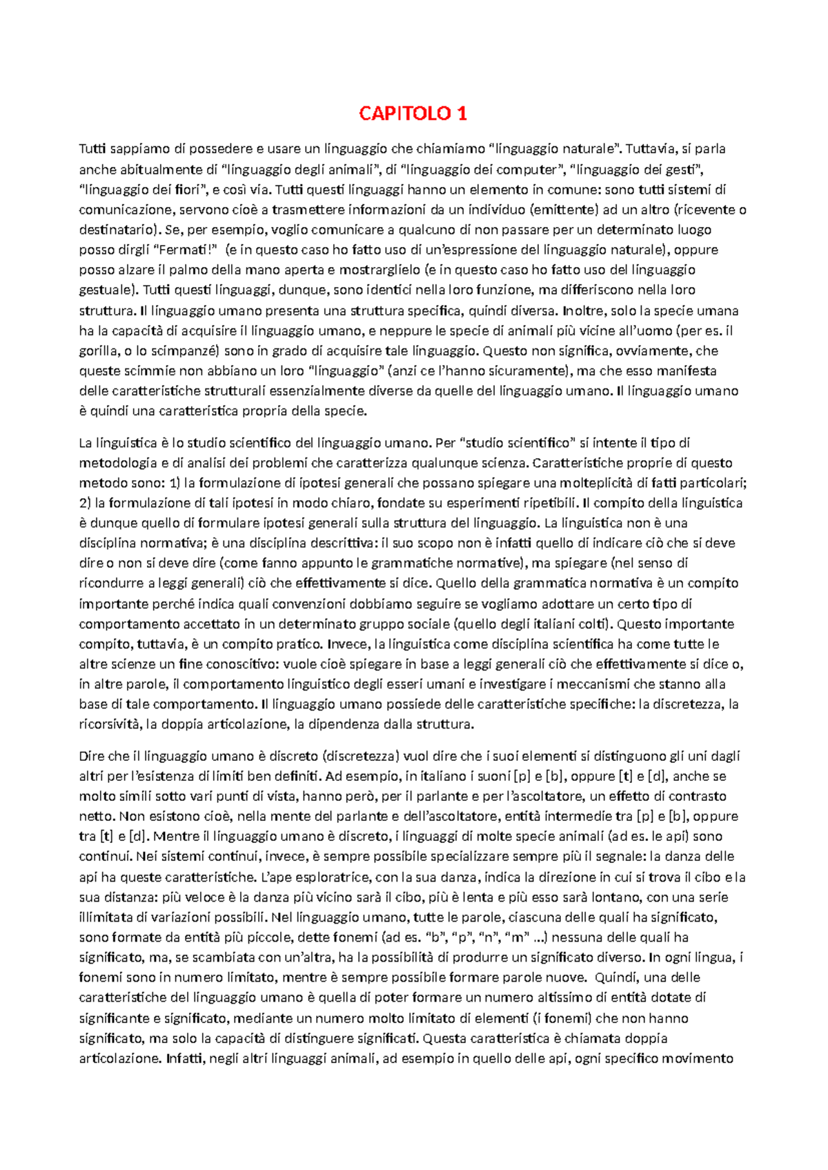 PREP. Esame Linguistica Generale - CAPITOLO 1 Tutti sappiamo di possedere e usare un linguaggio ...