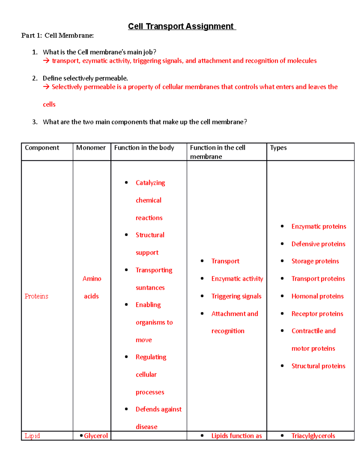 Cell Transport Assignment 1 - Part 1: Cell Membrane: Cell Transport ...