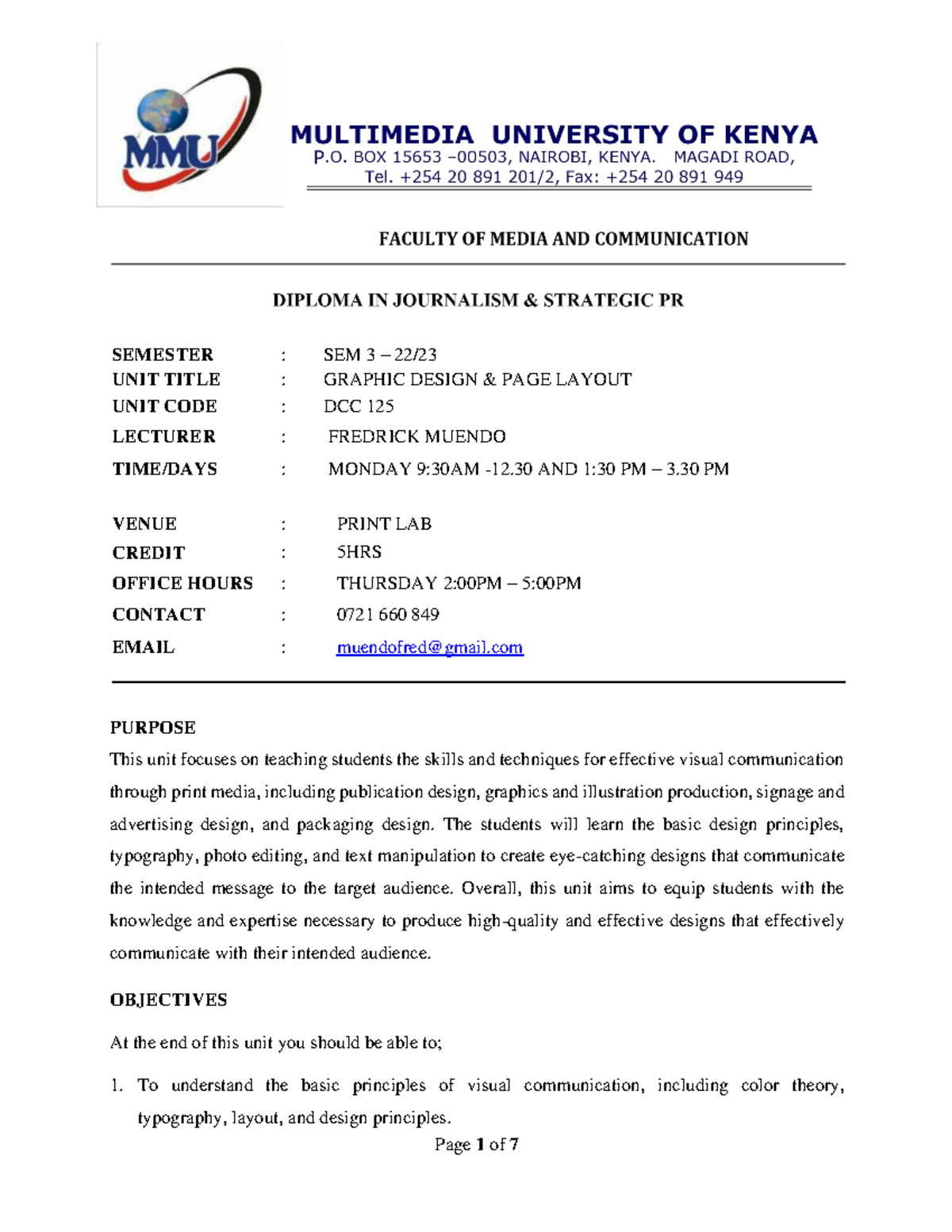 DCC 125 - Graphic Design Course Outline - SEMESTER : SEM 3 – 22/ UNIT ...