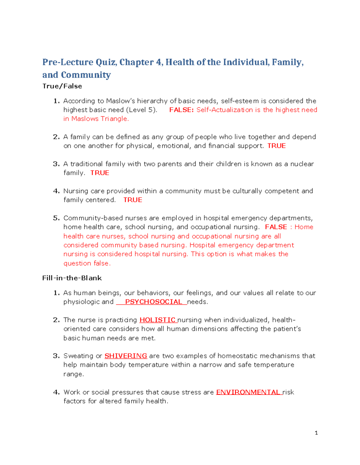 Pre-Lecture Q ans Ch 4 - Pre-Lecture Quiz, Chapter 4, Health of the Individual, Family, and ...