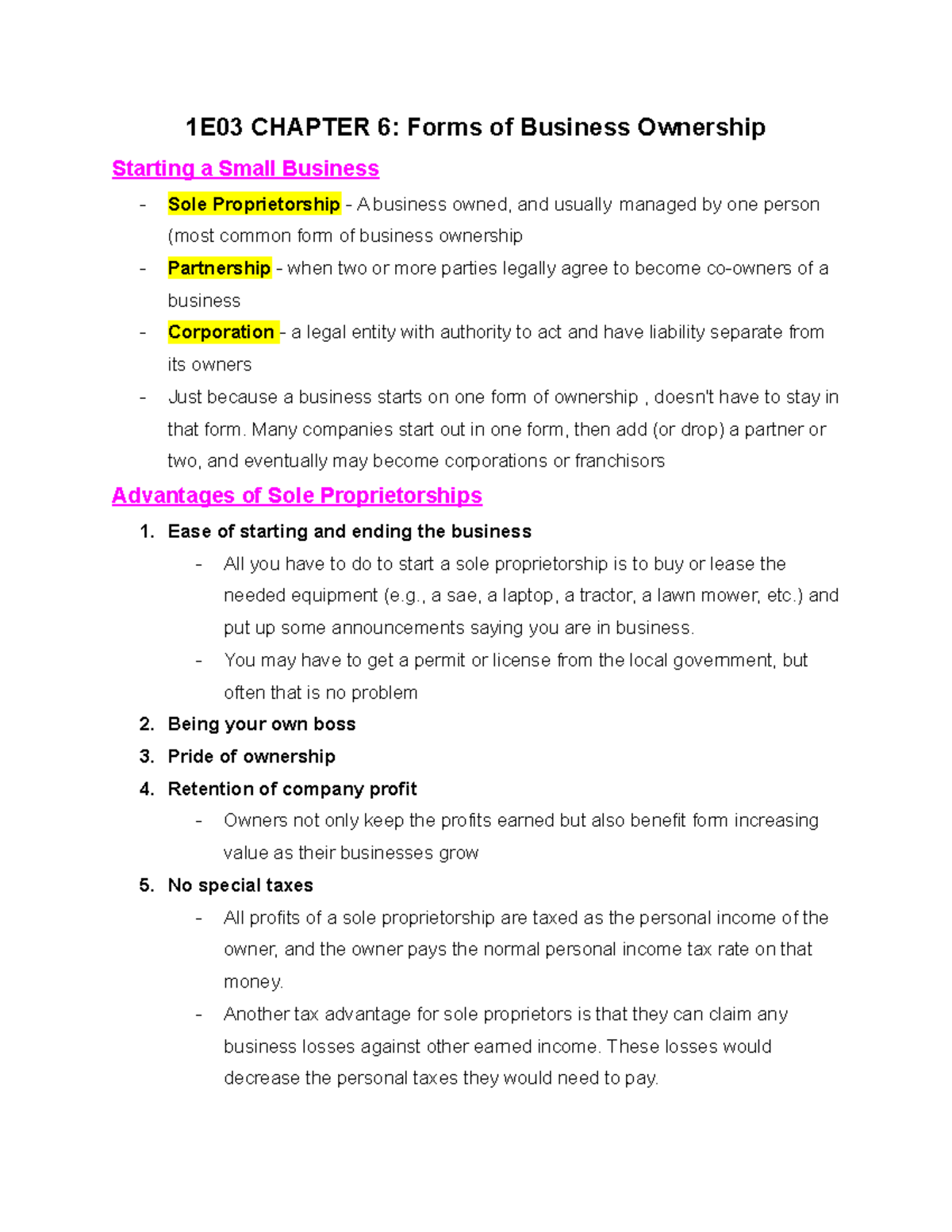 1E03 Chapter 6- Forms of Business Ownership - 1E03 CHAPTER 6: Forms of ...
