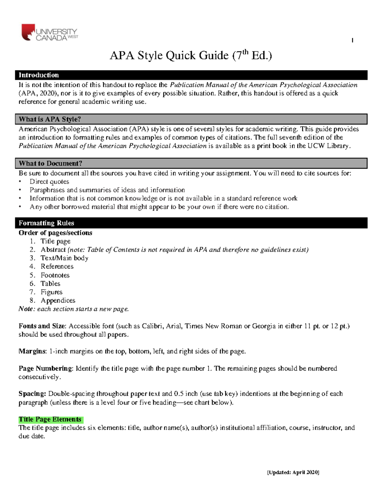 APA Quick Guide 7th Ed v5 2 - APA Style Quick Guide ( th Ed ...