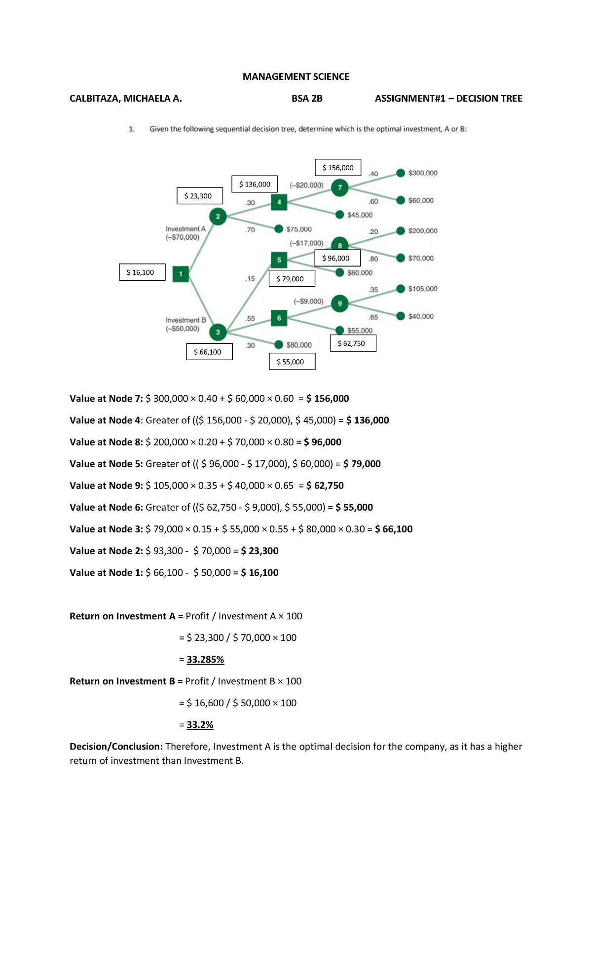 Calbitaza BSA2B Assignment 1 Decision TREE - MANAGEMENT SCIENCE Value ...