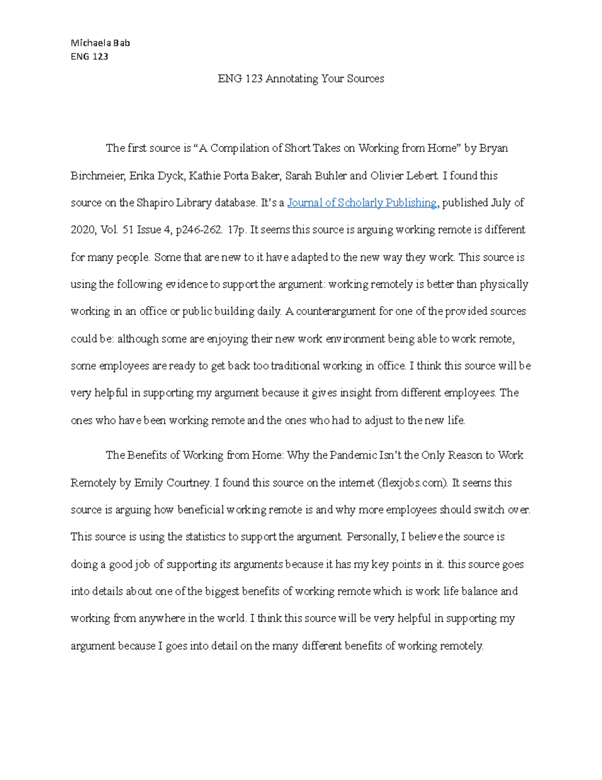 3-4 assignment - annotating your sources - Michaela BabENG 123 ENG 123 Annotating Your Sources ...