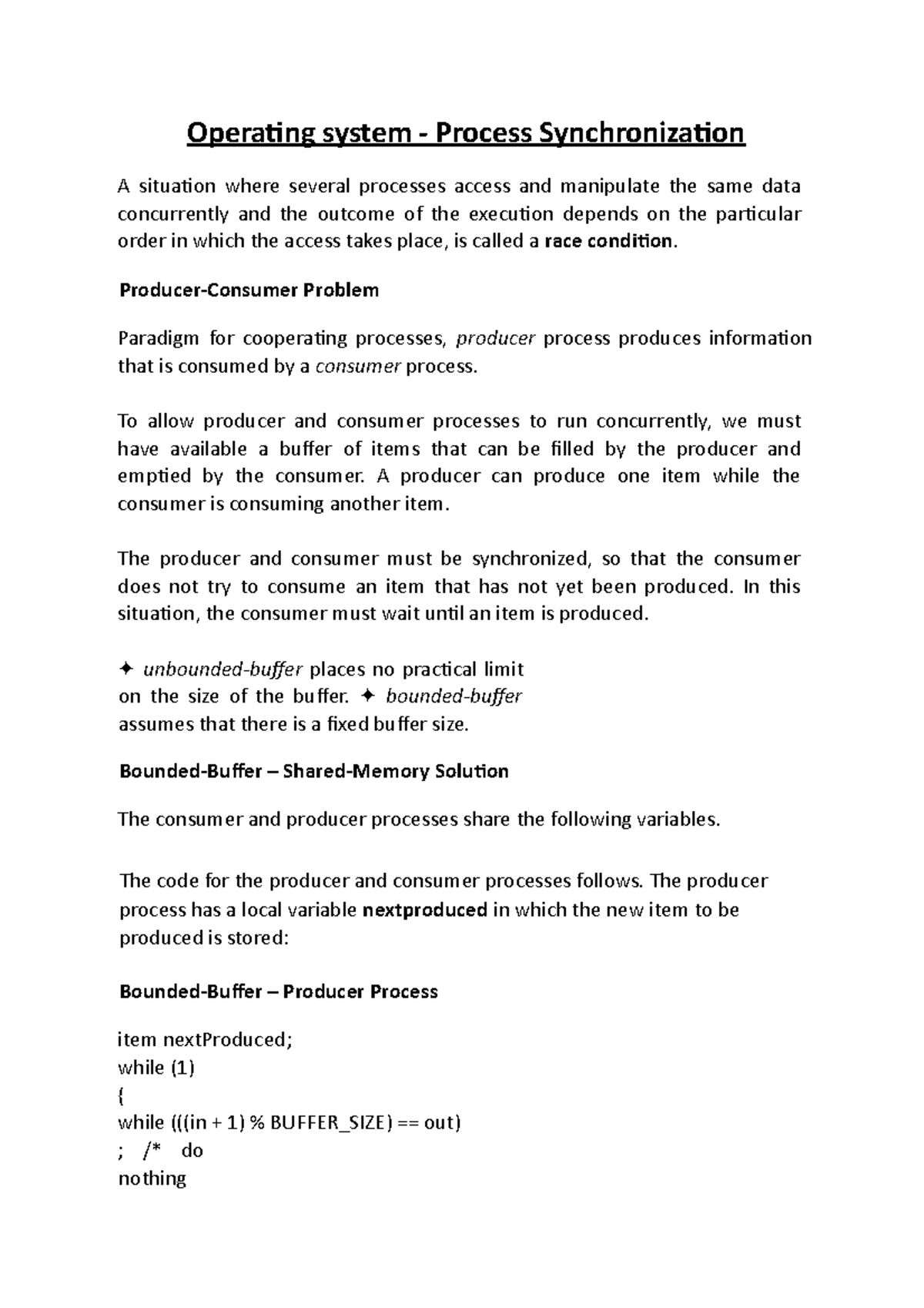 Operating system - Process Synchronization - Producer-Consumer Problem Paradigm for cooperating ...