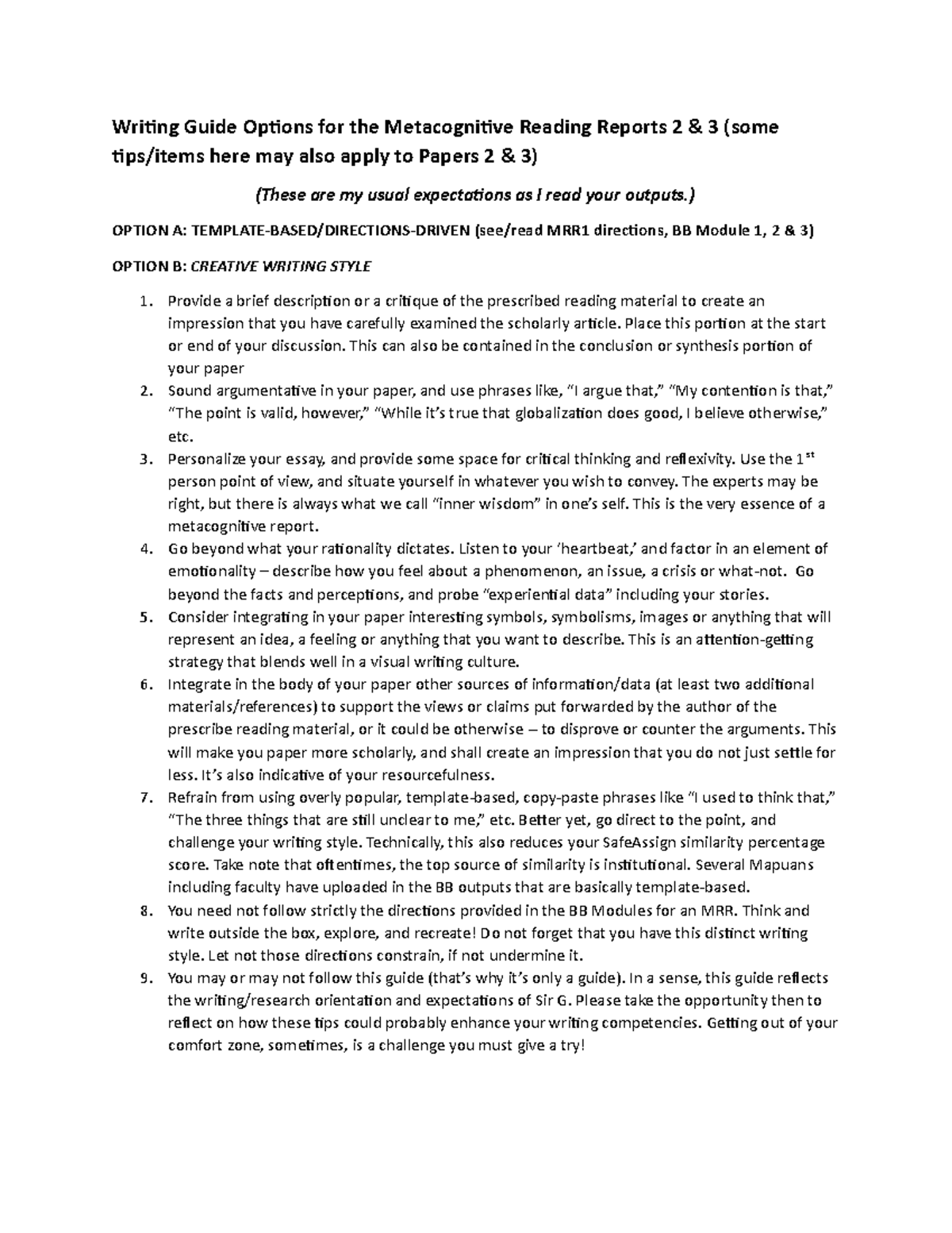 MRR Writing Guide Options - Writing Guide Options for the Metacognitive ...