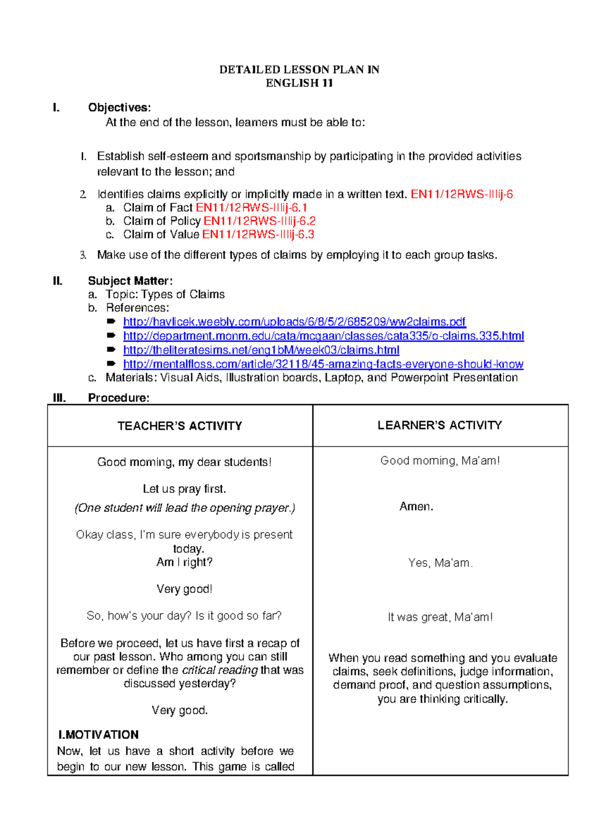 Document - Lesso plan - DETAILED LESSON PLAN IN ENGLISH 11 I ...